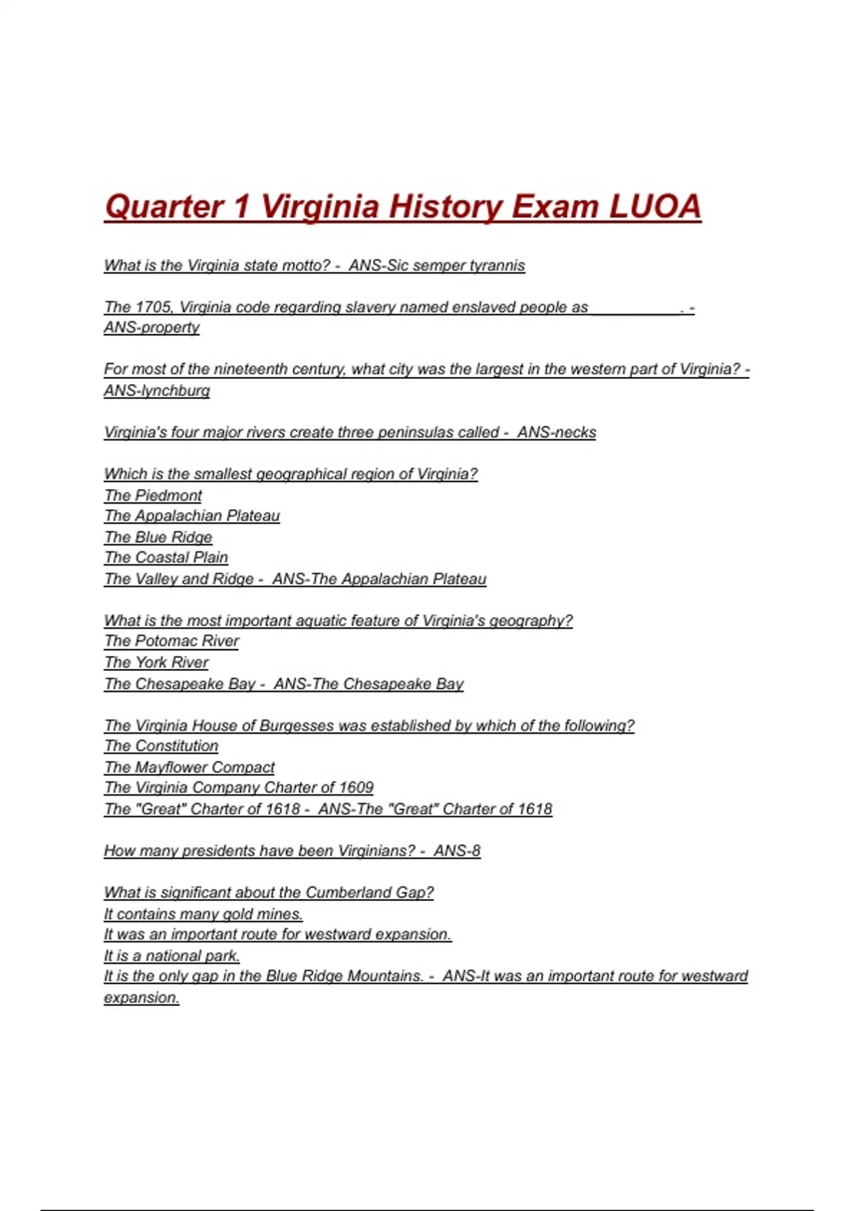 Quarter 1 Virginia History Exam LUOA Questions with correct Answers ...