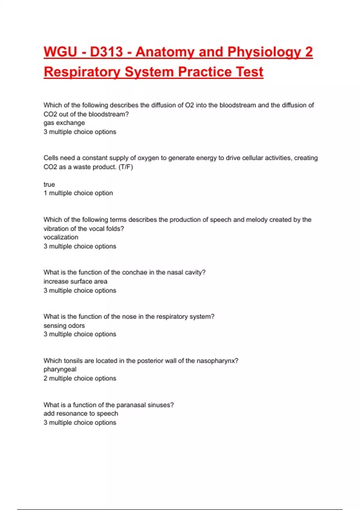 WGU - D313 - Anatomy and Physiology 2 Respiratory System Practice Test ...