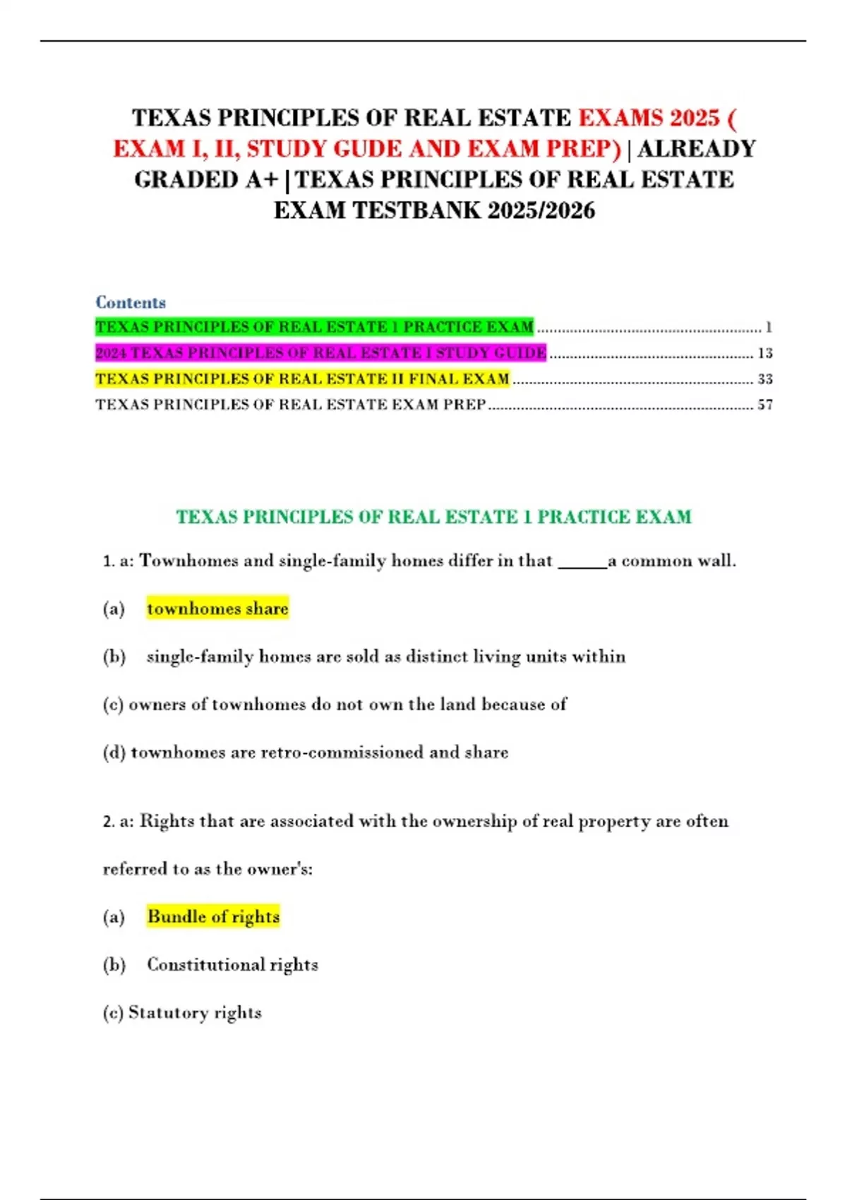 TEXAS PRINCIPLES OF REAL ESTATE EXAMS 2025 ( EXAM I, II, STUDY GUDE AND ...
