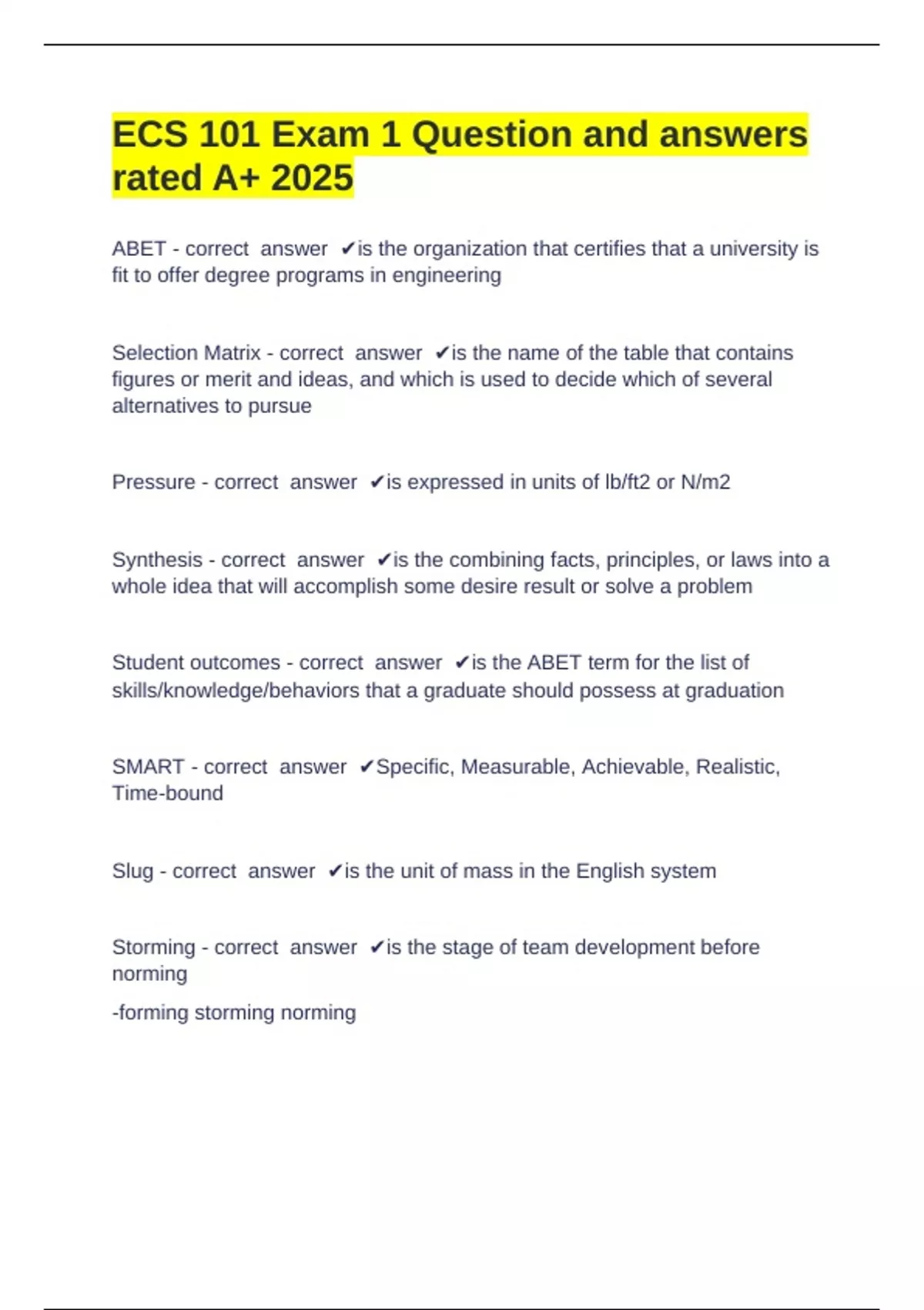 ECS 101 Exam 1 Question and answers rated A+ 2025 - ECS 101 E - Stuvia US