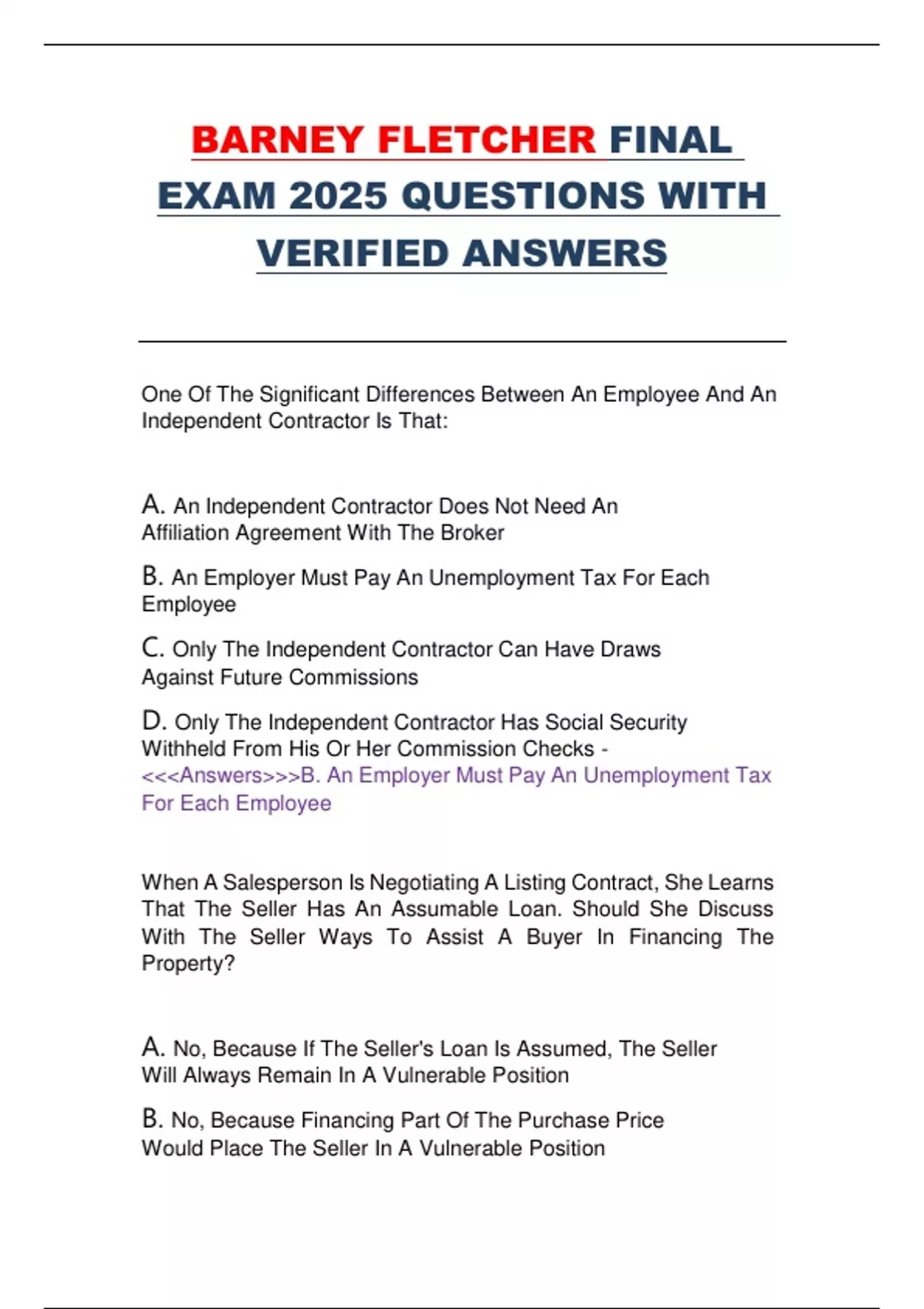 BARNEY FLETCHER FINAL EXAM 2025 QUESTIONS WITH VERIFIED ANSWERS - BARNEY FLETCHER - Stuvia US