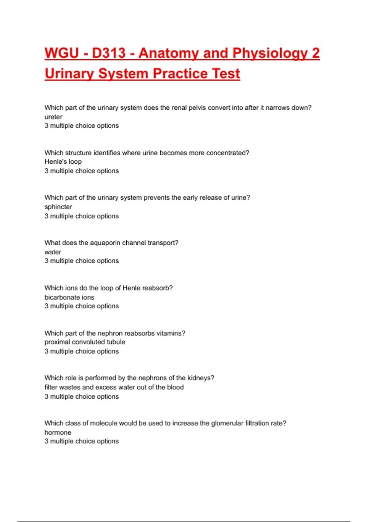 WGU - D313 - Anatomy and Physiology 2 Urinary System Practice Test Exam ...