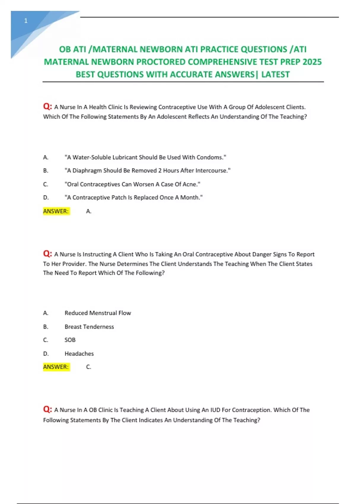 OB ATI /MATERNAL NEWBORN ATI PRACTICE QUESTIONS /ATI MATERNAL NEWBORN ...