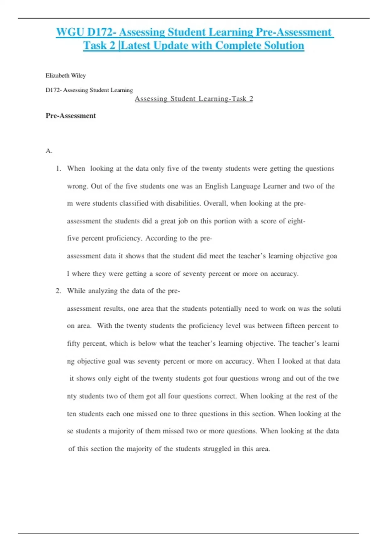 WGU D172- Assessing Student Learning Pre-Assessment Task 2 |Latest ...