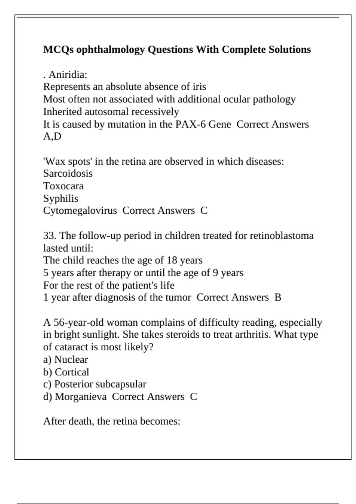 MCQs ophthalmology Questions With Complete Solutions - Ophthalmology ...