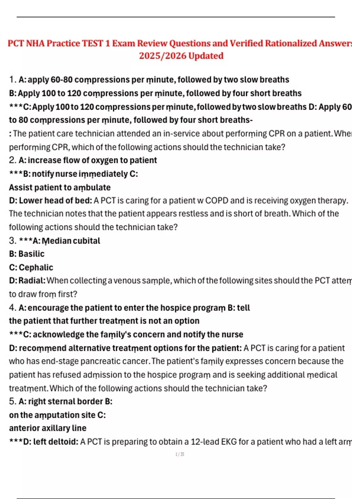 PCT NHA Practice TEST1 Exam Review Questions and Verified Rationalized ...