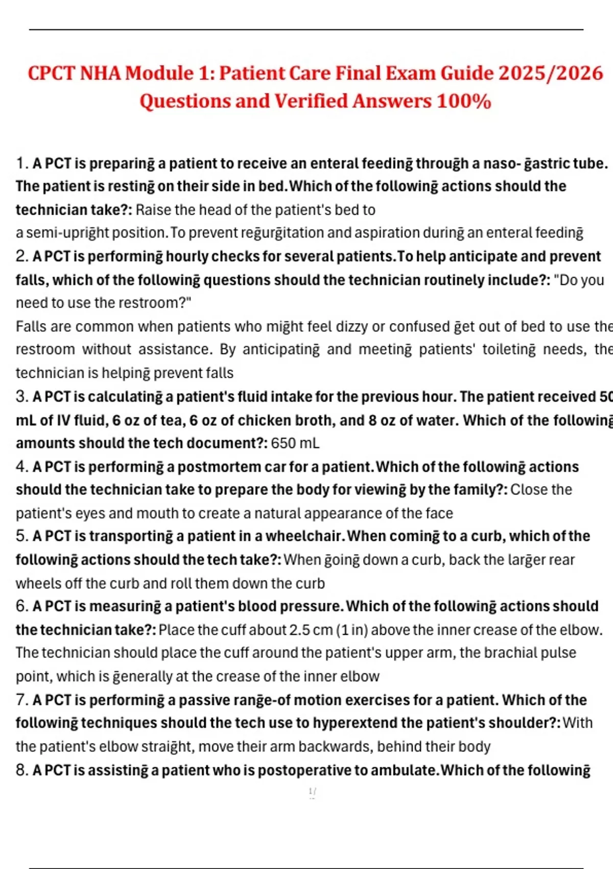 CPCT NHA Module 1: Patient Care Final Exam Guide 2025/2026 Questions ...