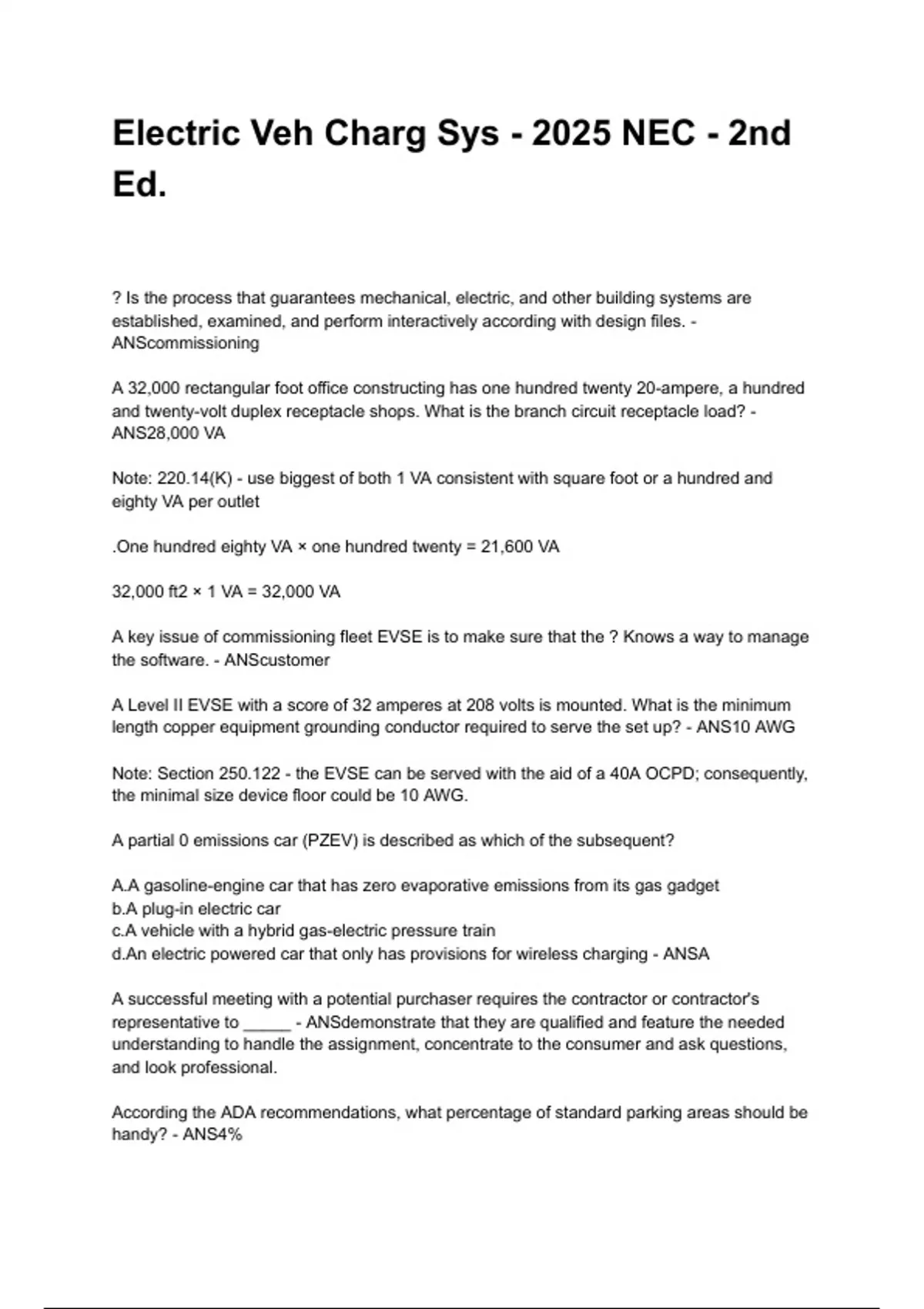 Electric Veh Charg Sys - 2025 NEC - 2nd Ed. NEWEST 2025/2026 ACTUAL EXAM COMPLETE QUESTIONS AND ...