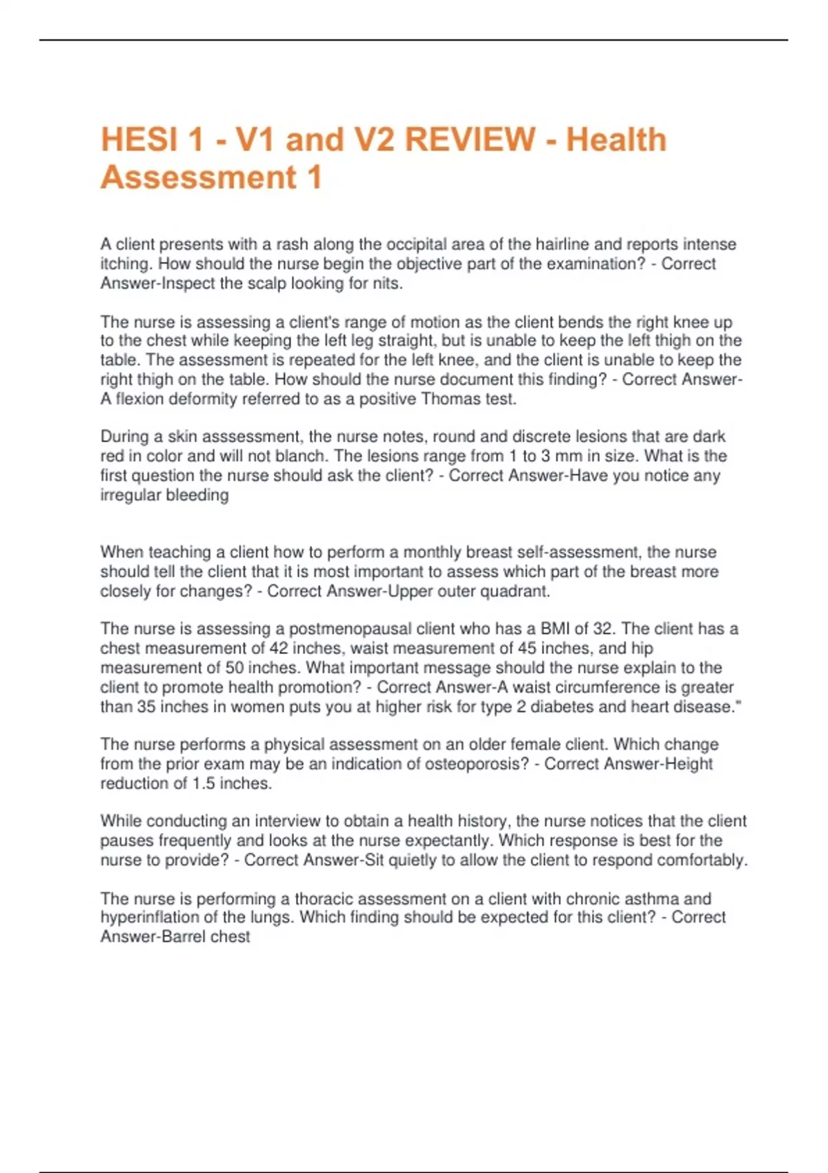 HESI 1 - V1 and V2 REVIEW - Health Assessment 1 | Questions and Answers ...