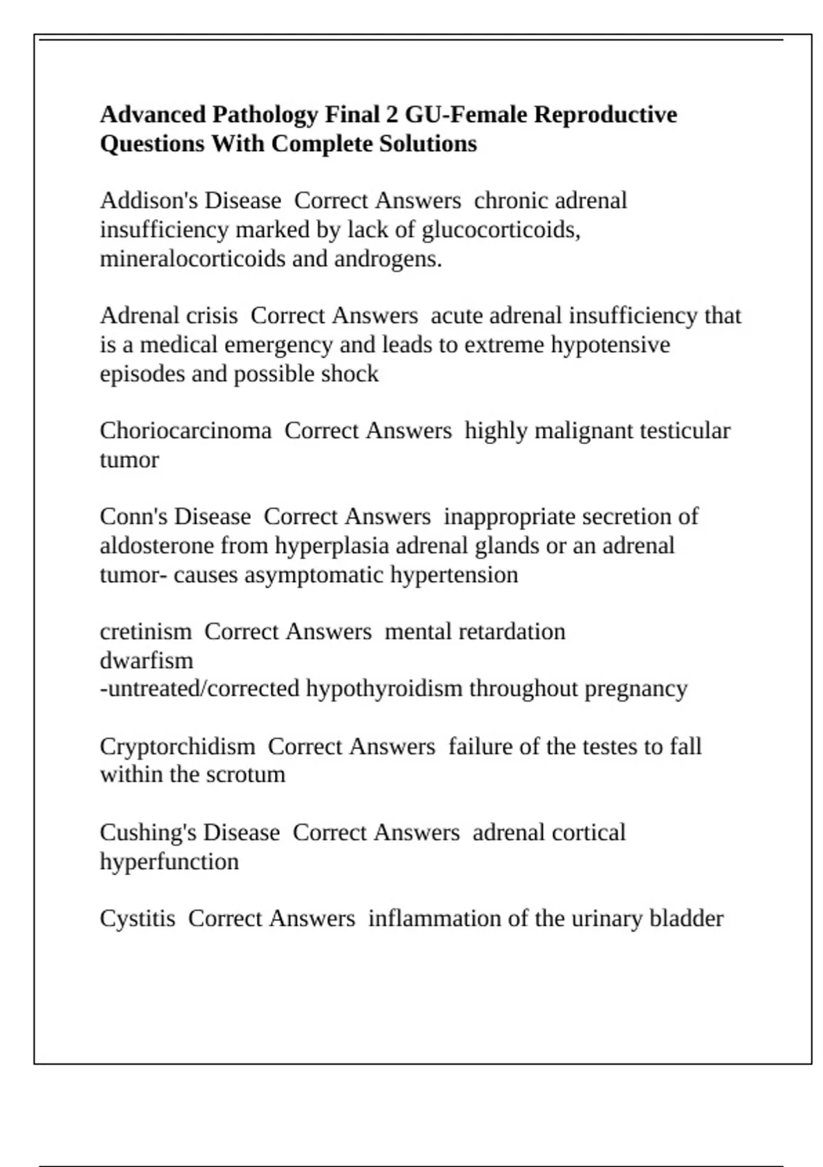 Advanced Pathology Final 2 GU-Female Reproductive Questions With Complete Solutions - FNP ...