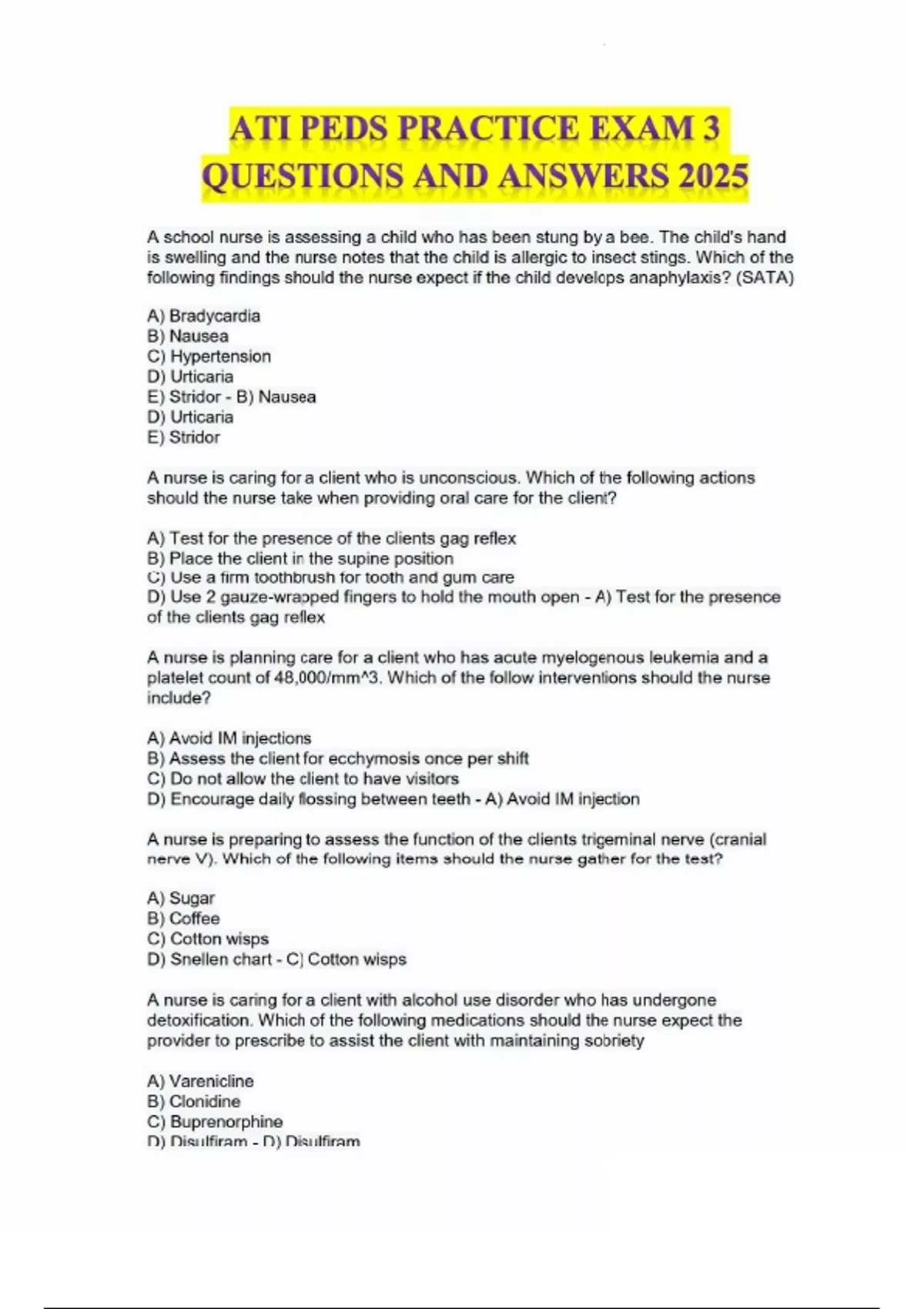 ATI PEDS PRACTICE EXAM 3 QUESTIONS AND ANSWERS 2025 - ATI PEDS - Stuvia US