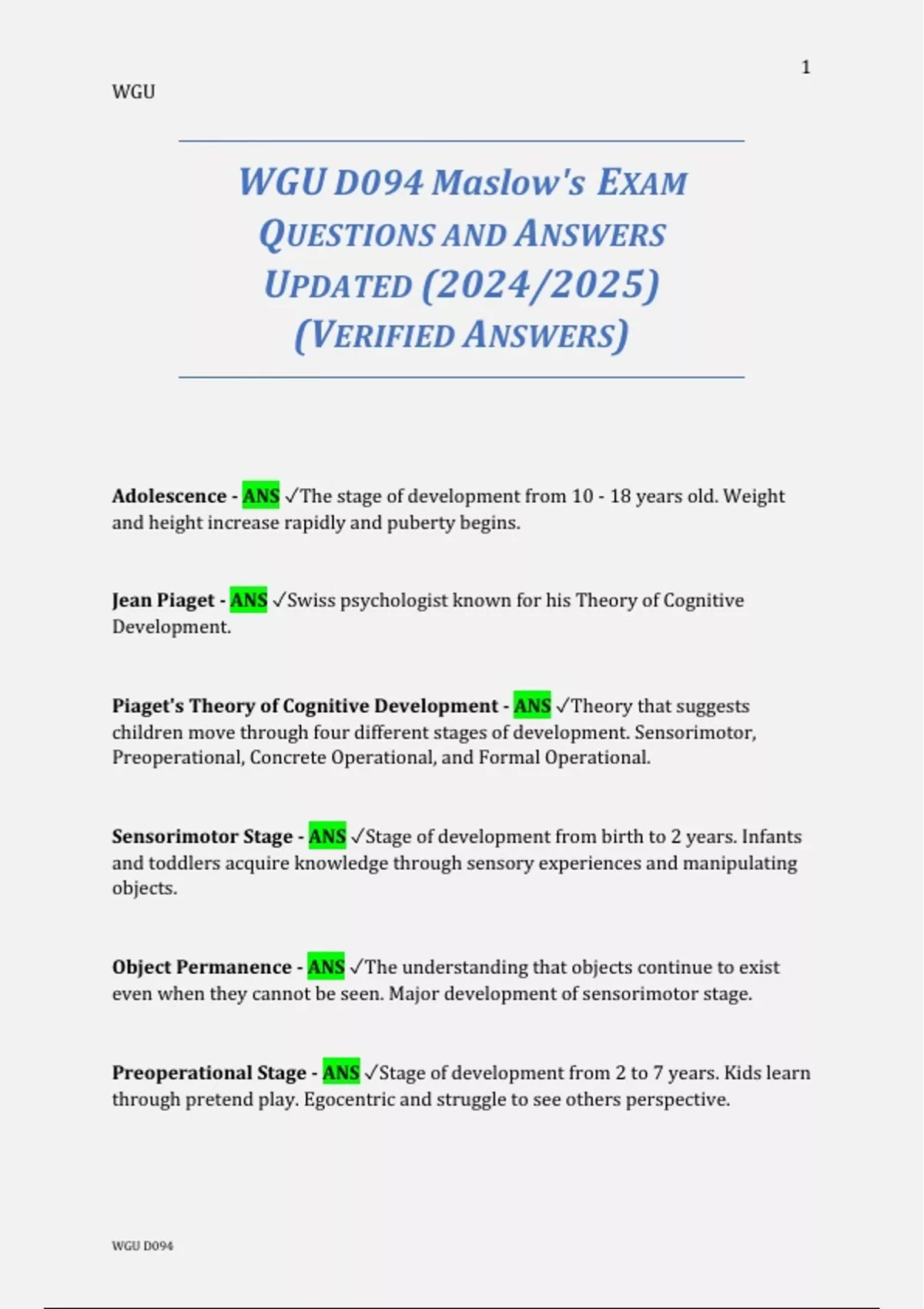 WGU D094 Maslow's EXAM QUESTIONS AND ANSWERS UPDATED (2024/2025 ...