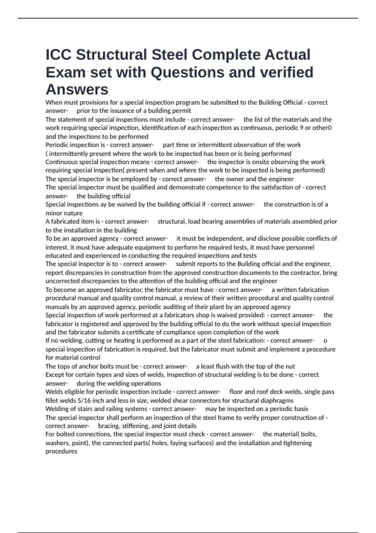ICC Structural Steel Complete Actual Exam set with Questions and ...