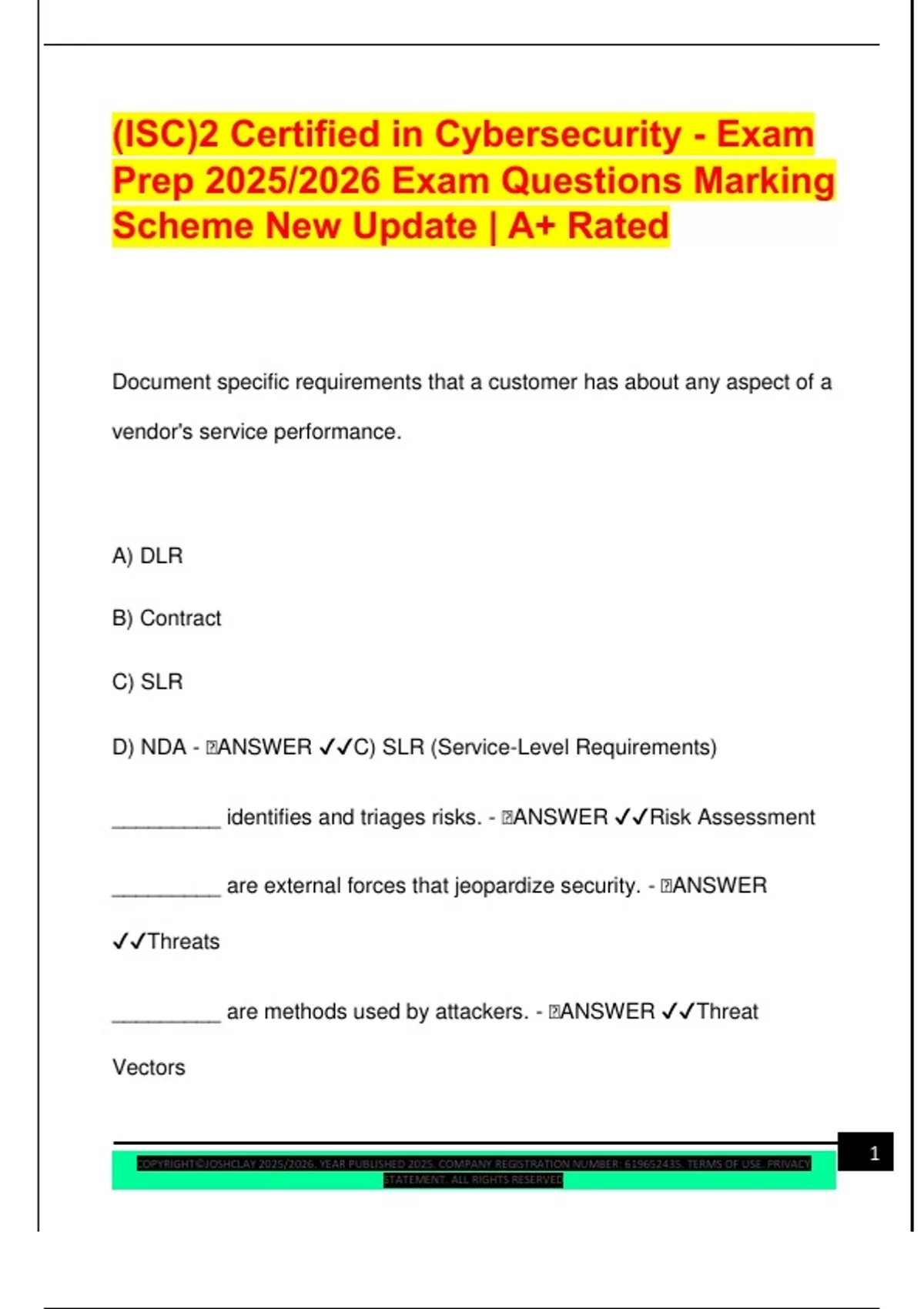 (ISC)2 Certified in Cybersecurity - Exam Prep 2025/2026 Exam Questions ...