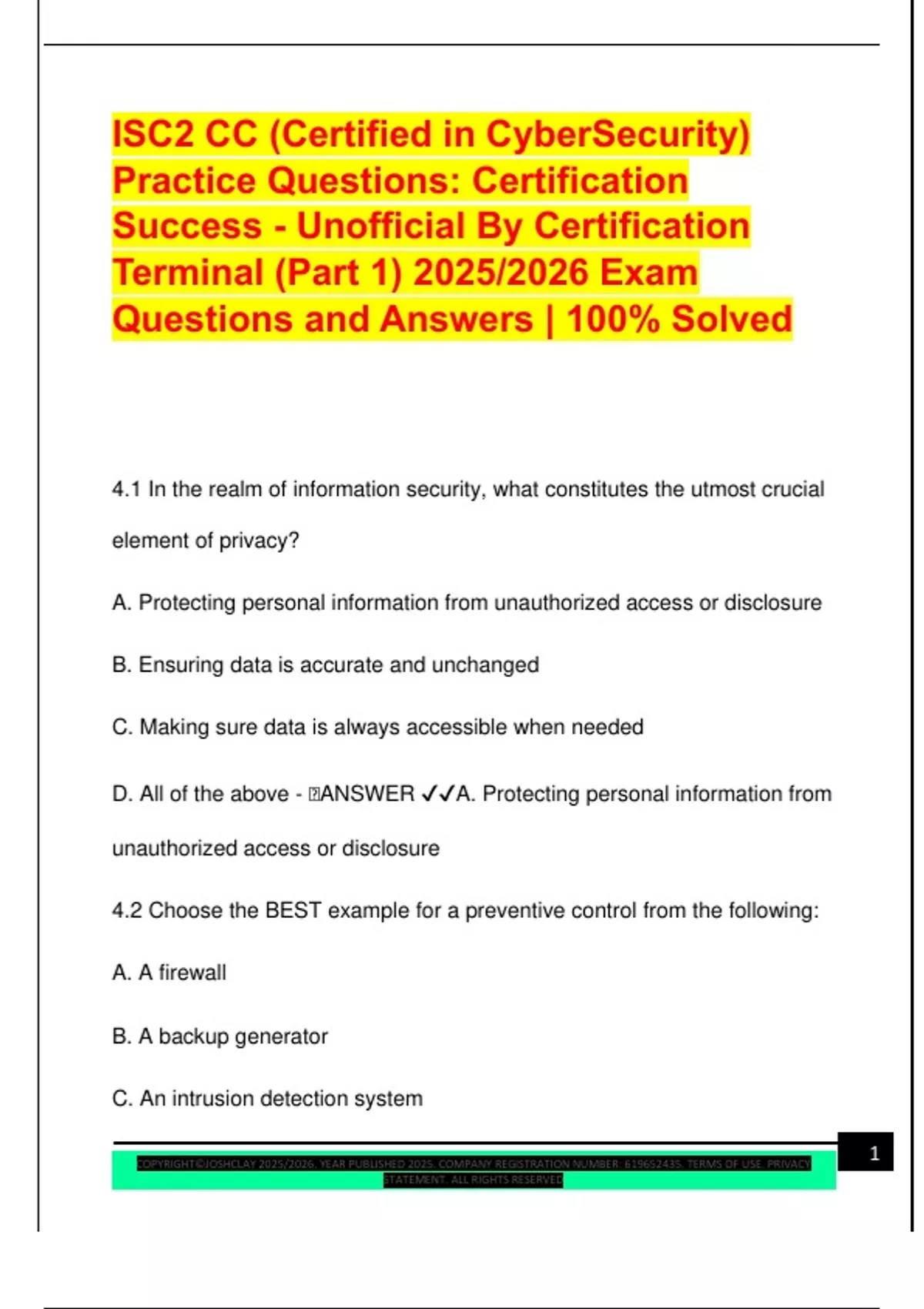 ISC2 CC (Certified in CyberSecurity) Practice Questions: Certification Success - Unofficial By ...