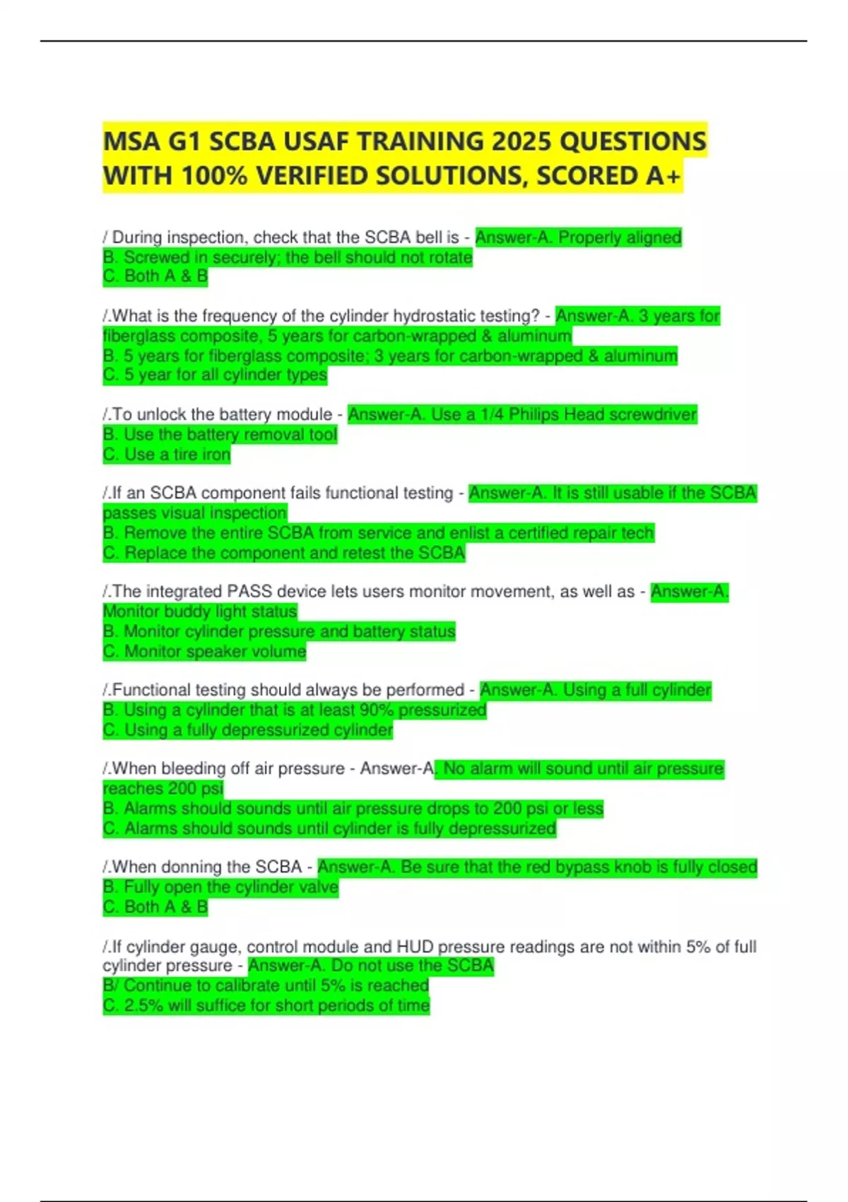 MSA G1 SCBA USAF TRAINING 2025 QUESTIONS WITH 100% VERIFIED SOLUTIONS, SCORED A+ - MSA G1 SCBA ...