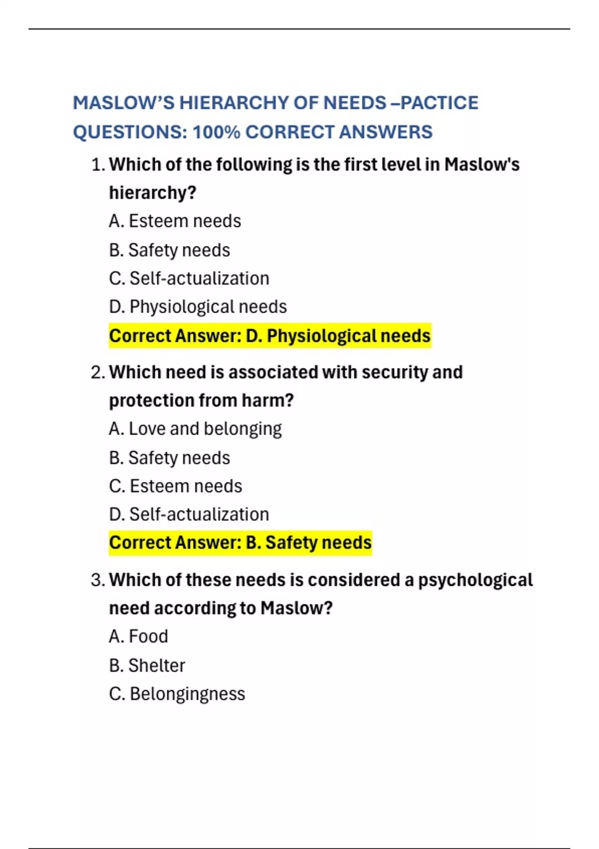 Maslow’s Hierarchy of Needs Practice Quiz; 100% Correct Answers ...