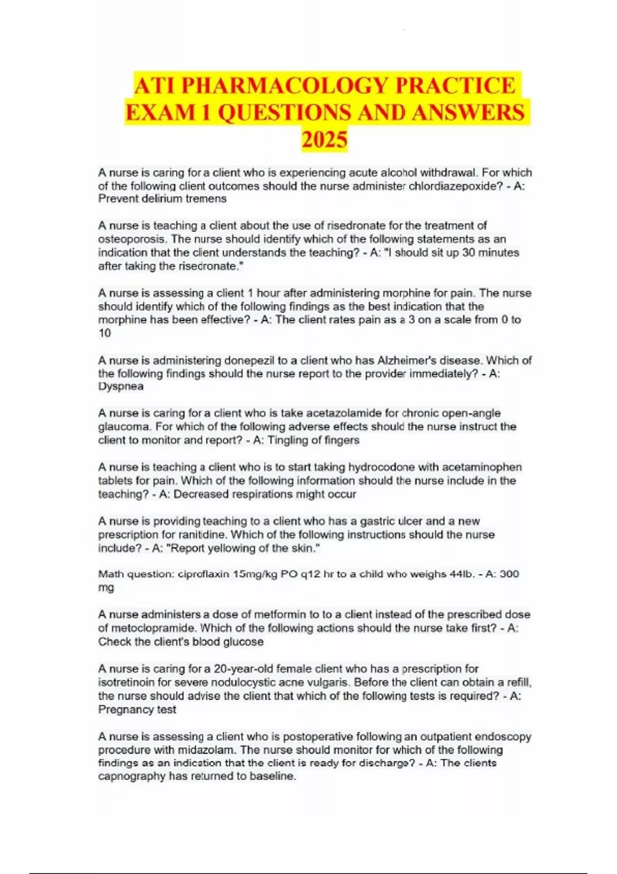ATI PHARMACOLOGY PRACTICE EXAM 1 QUESTIONS AND ANSWERS 2025 - ATI ...