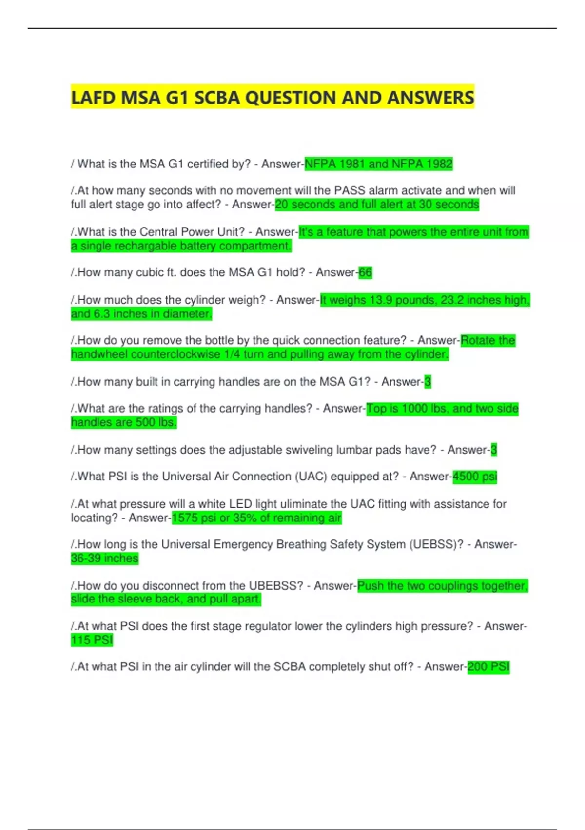LAFD MSA G1 SCBA QUESTION AND ANSWERS - LAFD MSA G1 SCBA - Stuvia US