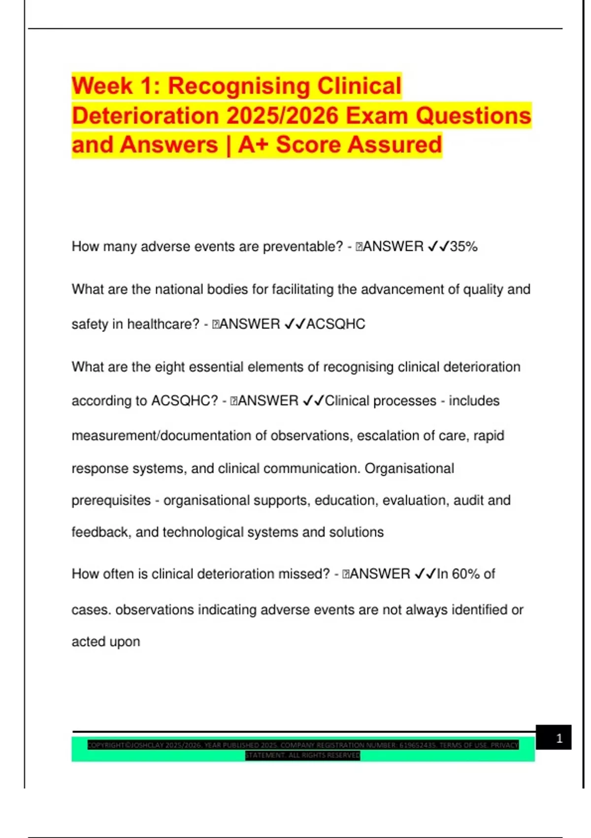 Week 1: Recognising Clinical Deterioration 2025/2026 Exam Questions and ...