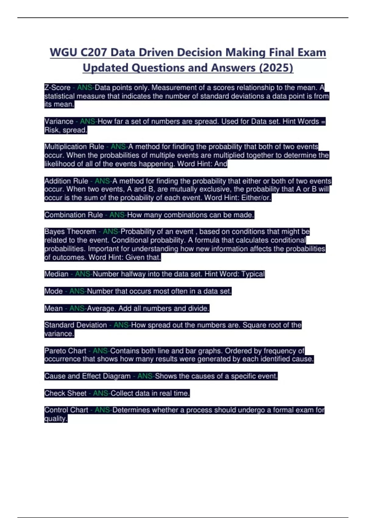 WGU C207 Data Driven Decision Making Final Exam Updated Questions and ...