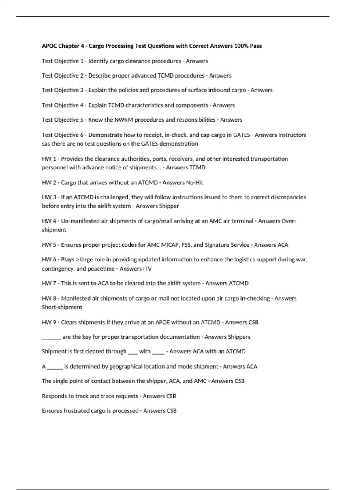 APOC Chapter 4 - Cargo Processing Test Questions with Correct Answers ...