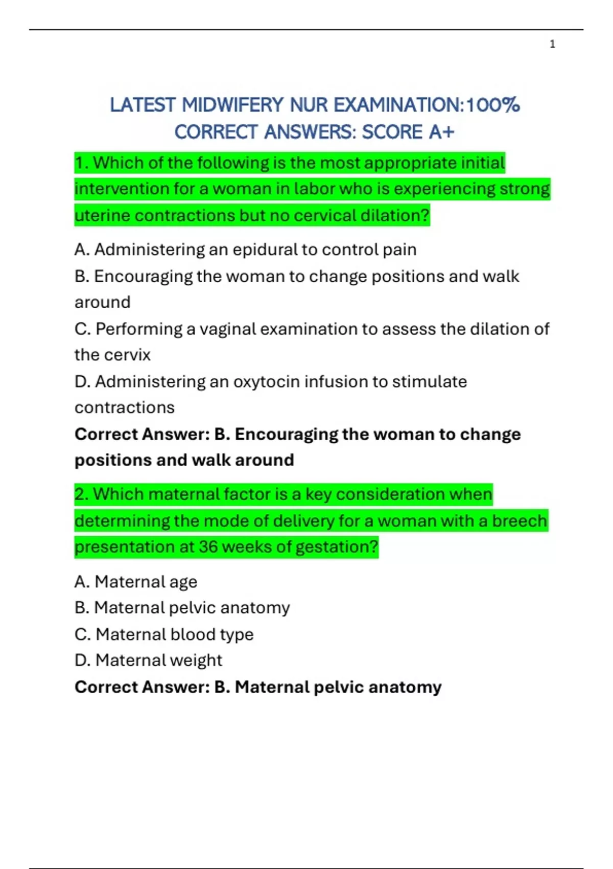 Ultimate Midwifery Exam Prep: 100% Correct Answers for First and Third ...
