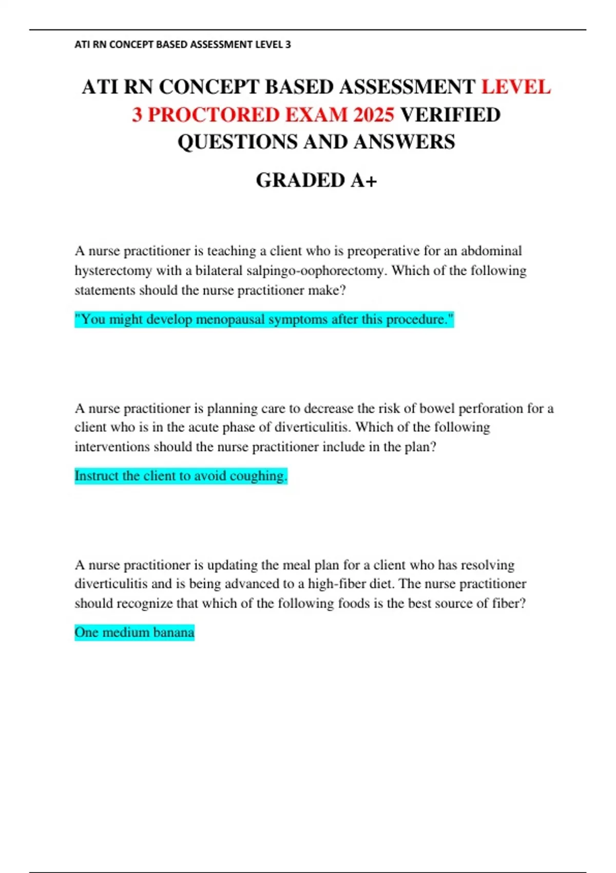 ATI RN CONCEPT BASED ASSESSMENT LEVEL 3 PROCTORED EXAM 2025 VERIFIED ...