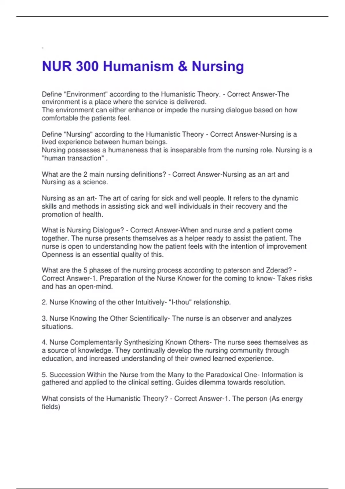 NUR 300 Humanism & Nursing 2025 Questions with Correct Answers|New Version with complete ...