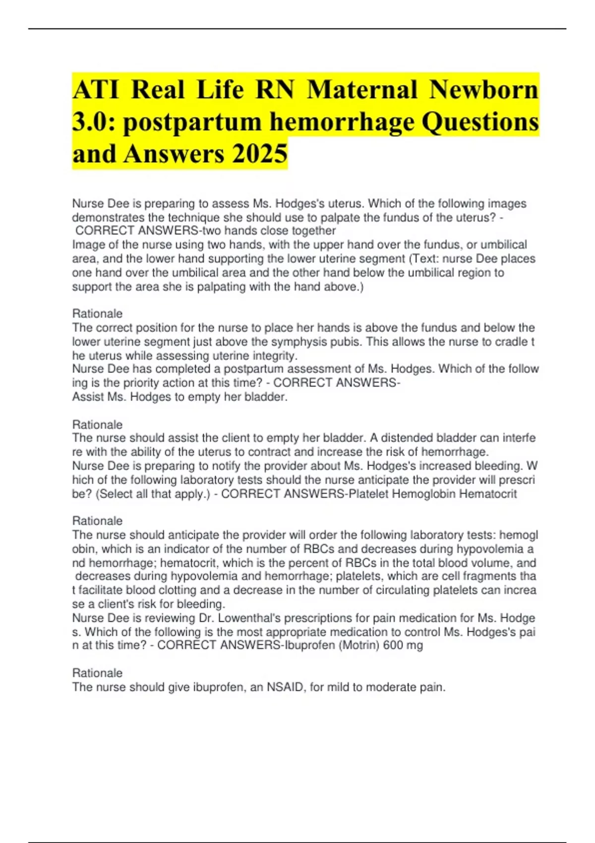ATI Real Life RN Maternal Newborn 3.0: postpartum hemorrhage Questions ...