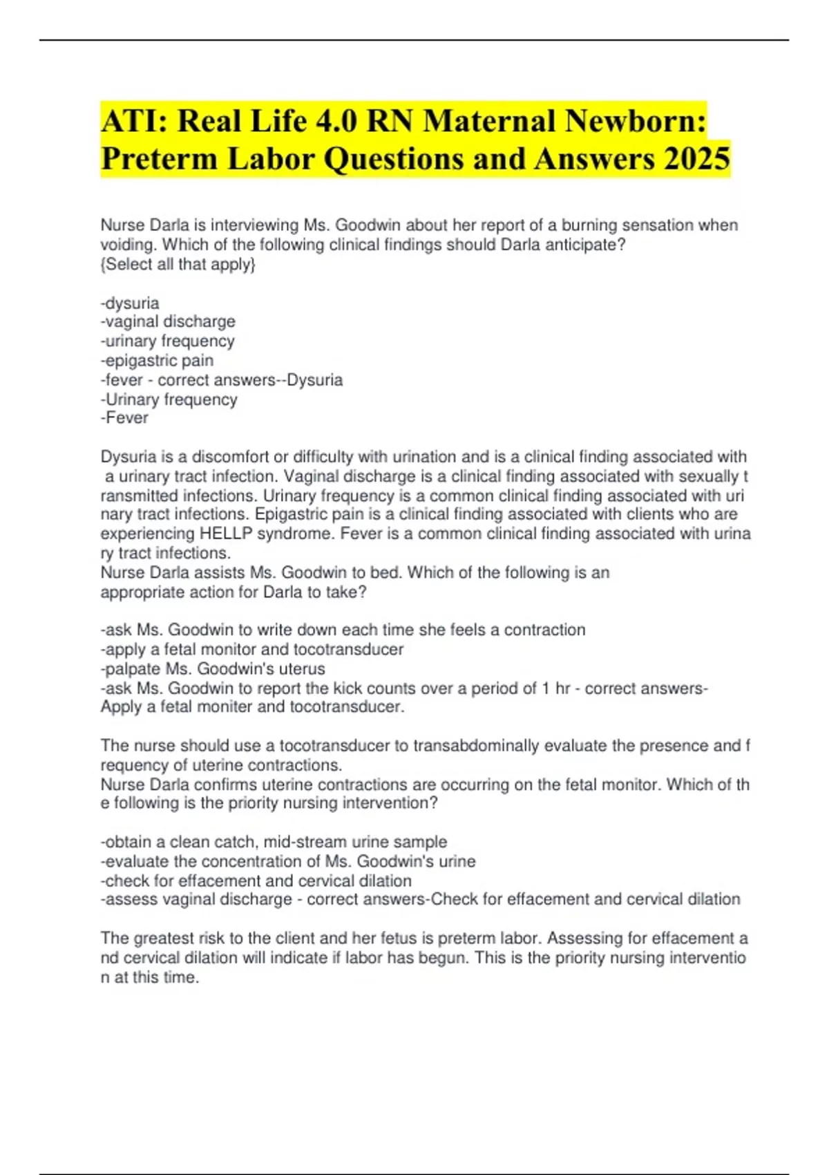 ATI: Real Life 4.0 RN Maternal Newborn: Preterm Labor Questions and ...