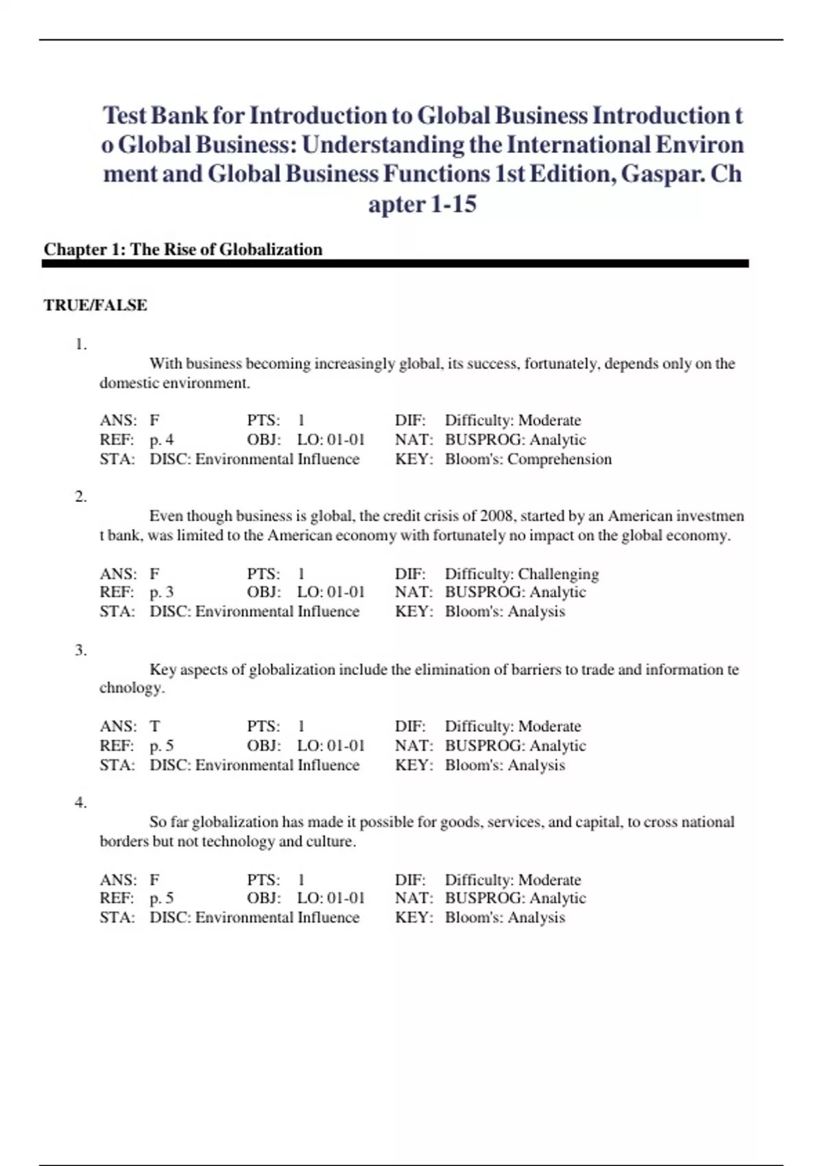 Test Bank For Introduction to Global Business Understanding the ...