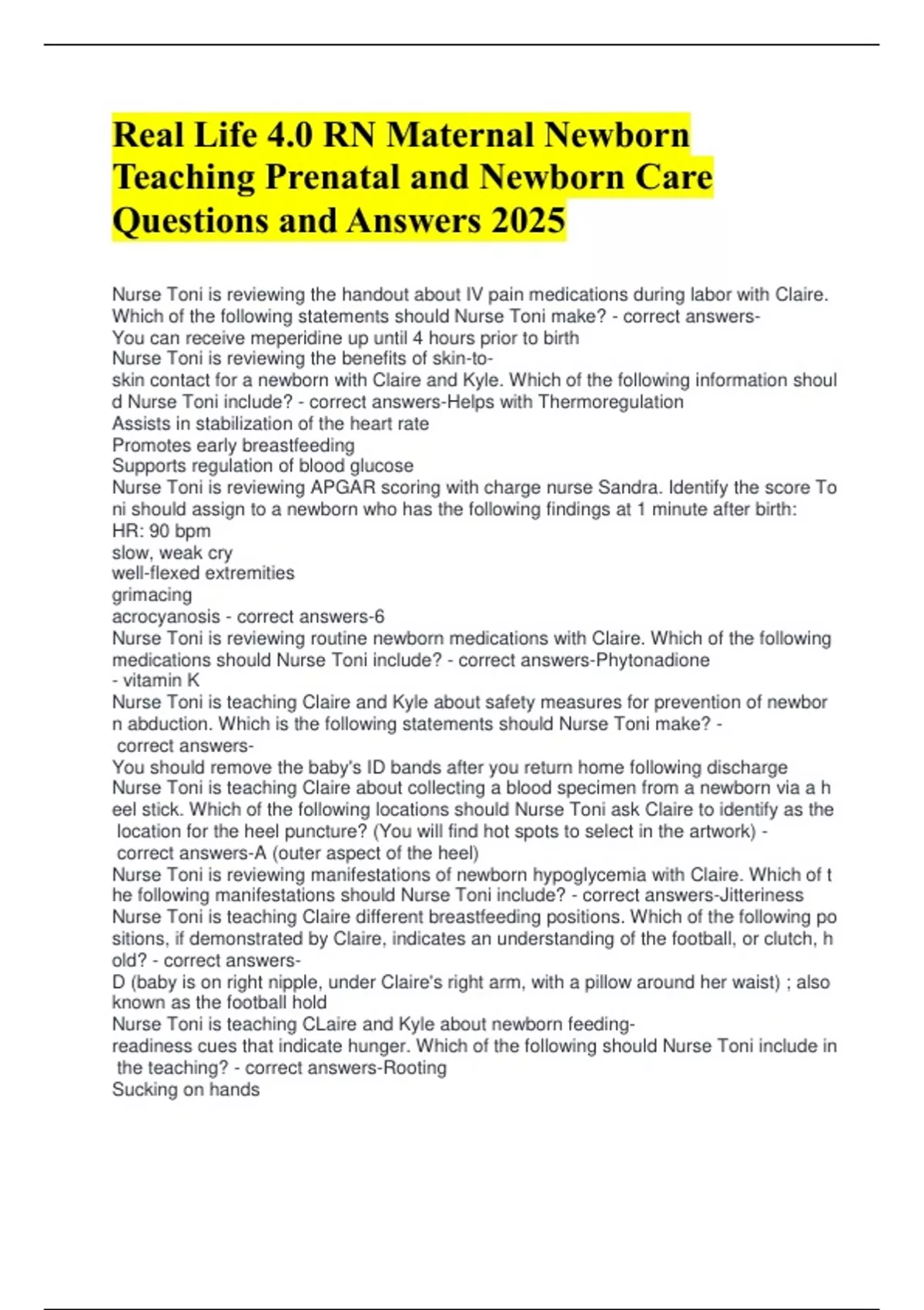 Real Life 4.0 RN Maternal Newborn Teaching Prenatal and Newborn Care Questions and Answers 2025 ...
