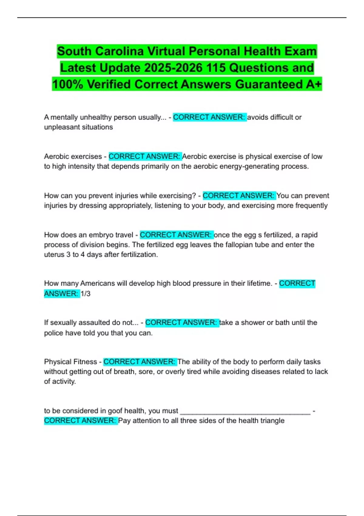 South Carolina Virtual Personal Health Exam Latest Update Questions and ...