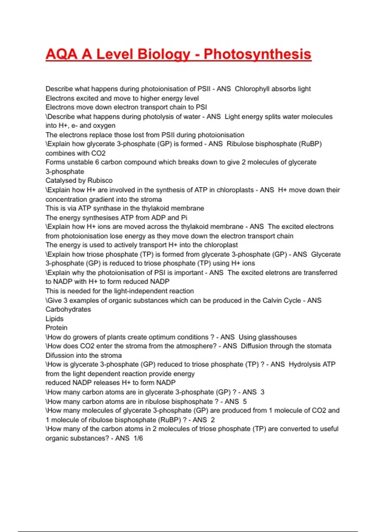 AQA A Level Biology - Photosynthesis Exam 2025/2026 Questions With ...