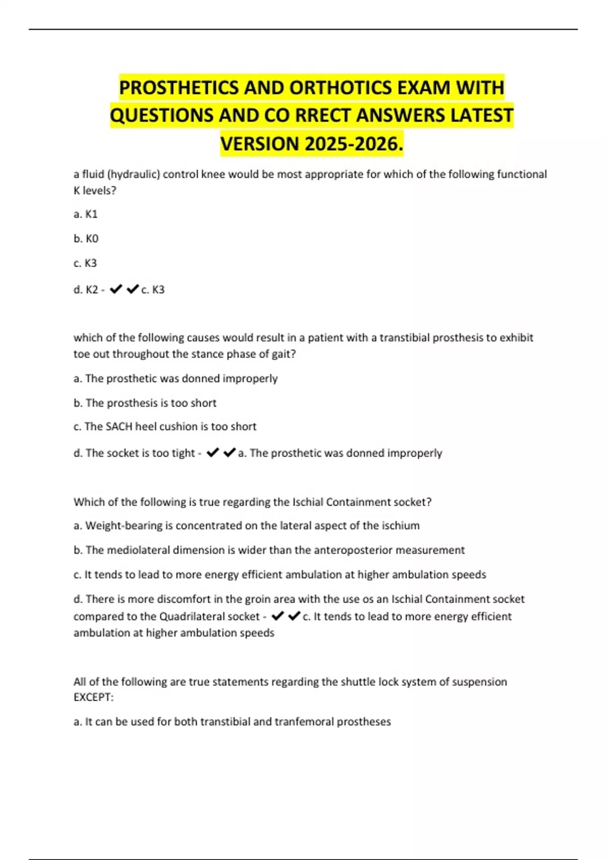 PROSTHETICS AND ORTHOTICS EXAM WITH QUESTIONS AND CO RRECT ANSWERS ...