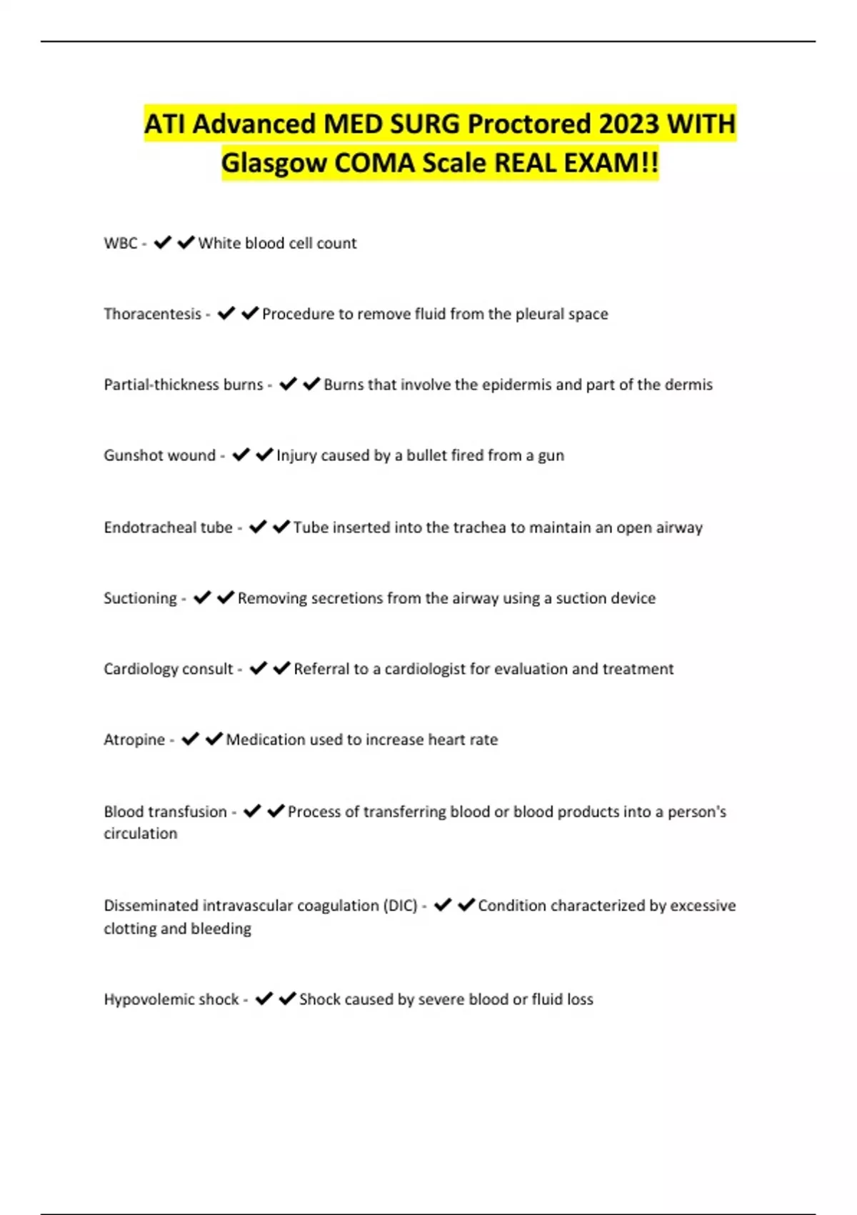 ATI Advanced MED SURG Proctored 2023 WITH Glasgow COMA Scale REAL EXAM ...