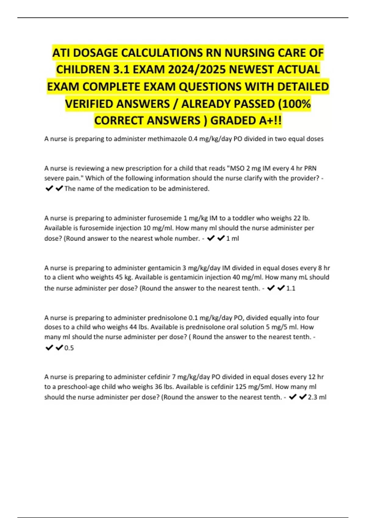 ATI DOSAGE CALCULATIONS RN NURSING CARE OF CHILDREN 3.1 EXAM 2024/2025 ...