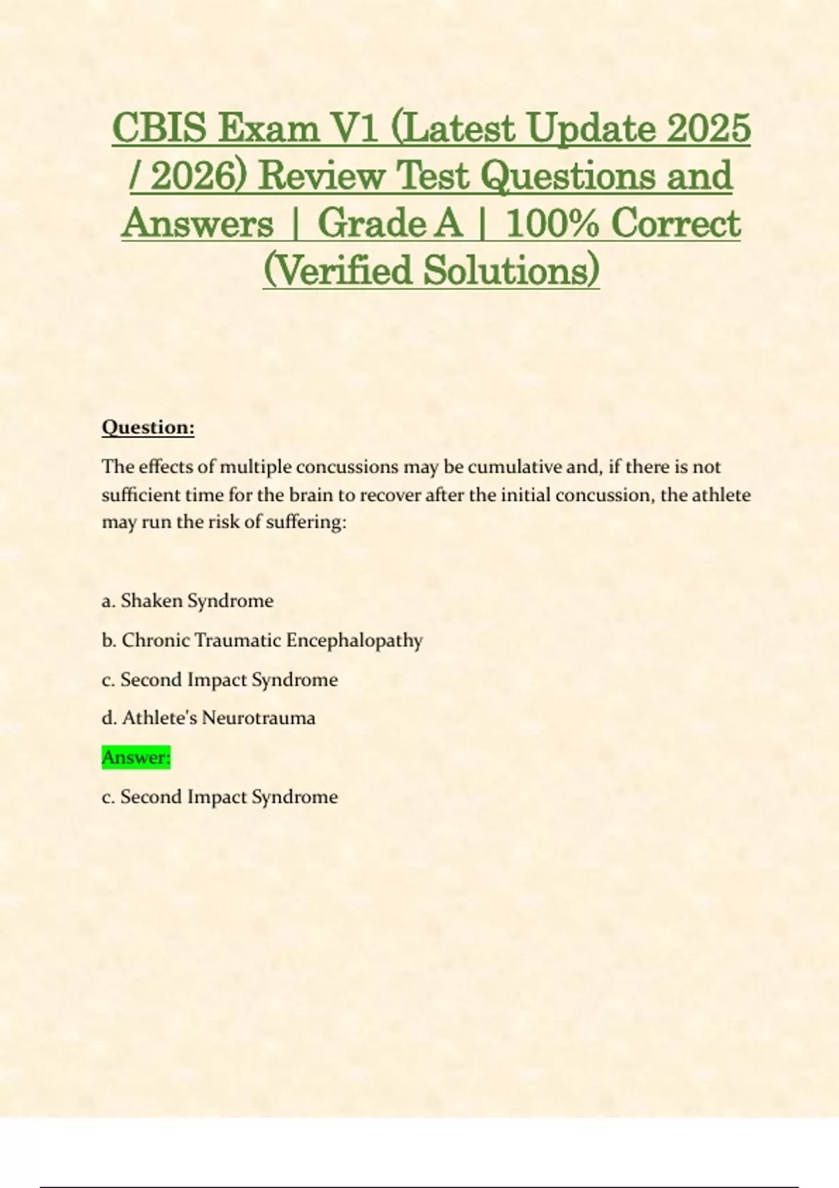 CBIS Exam V1 (Latest Update 2025 / 2026) Review Test Questions and ...
