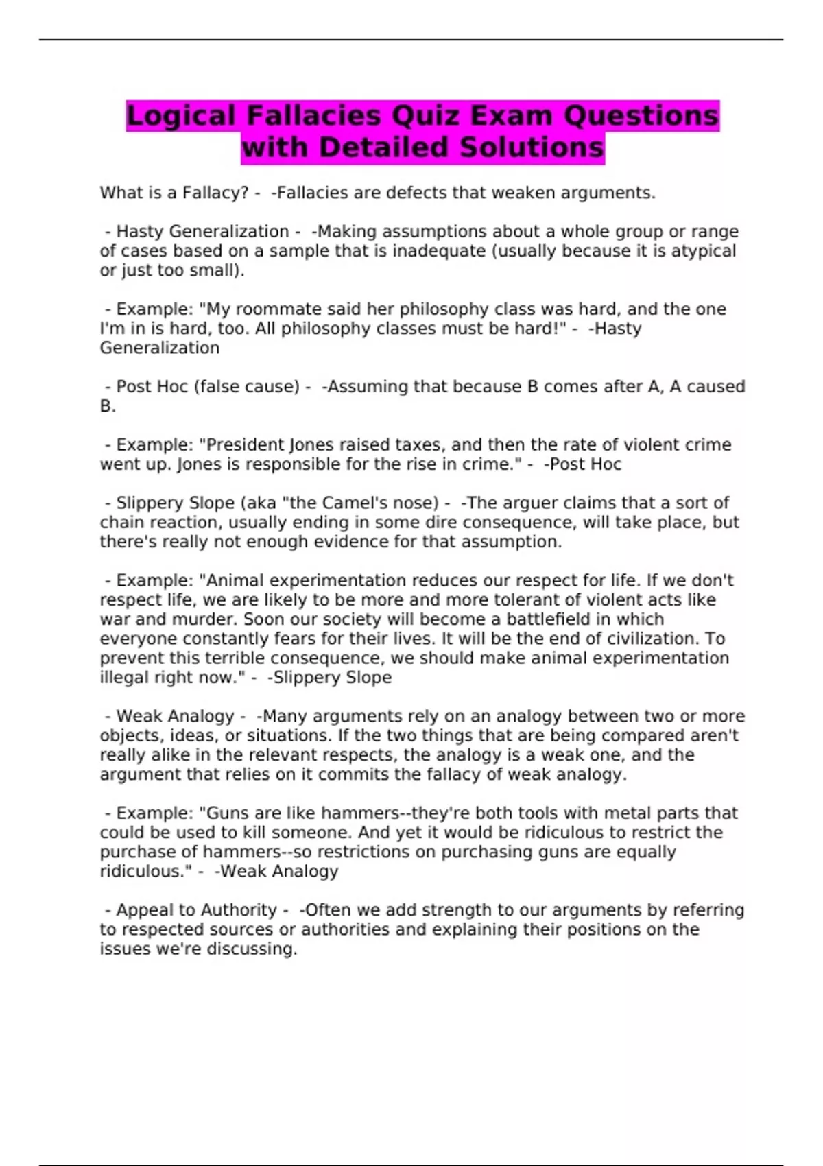 Logical Fallacies Quiz Exam Questions with Detailed Solutions - Logical Fallacies - Stuvia US