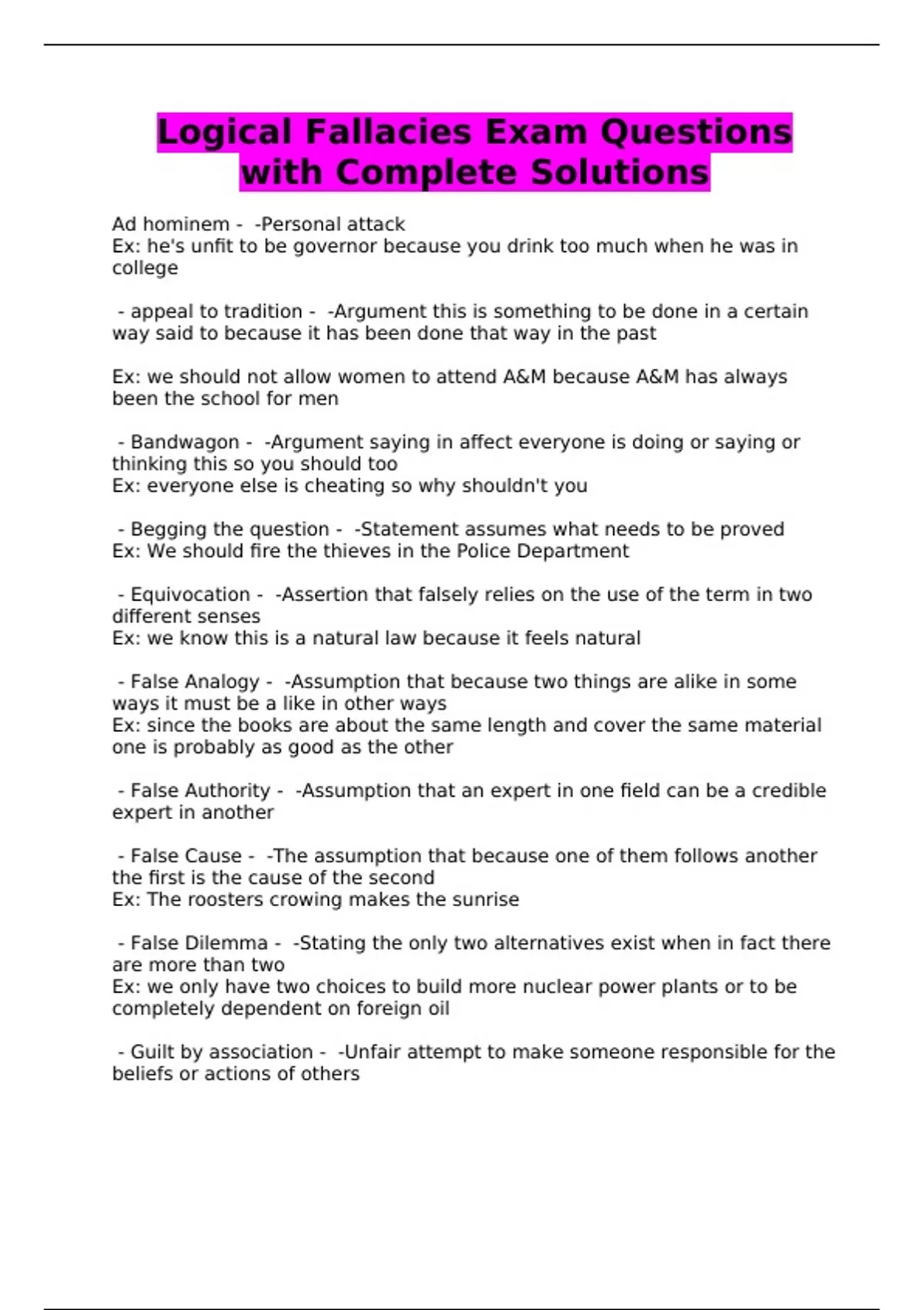 Logical Fallacies Exam Questions with Complete Solutions - Logical ...