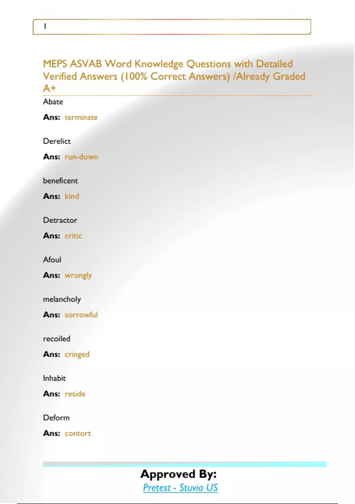 MEPS ASVAB Word Knowledge Questions with Detailed Verified Answers (100 ...