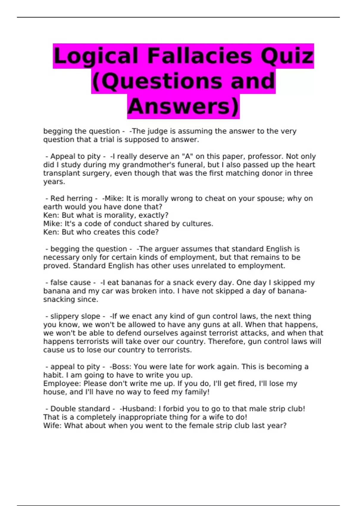 Logical Fallacies Quiz (Questions and Answers) - Logical Fallacies - Stuvia US