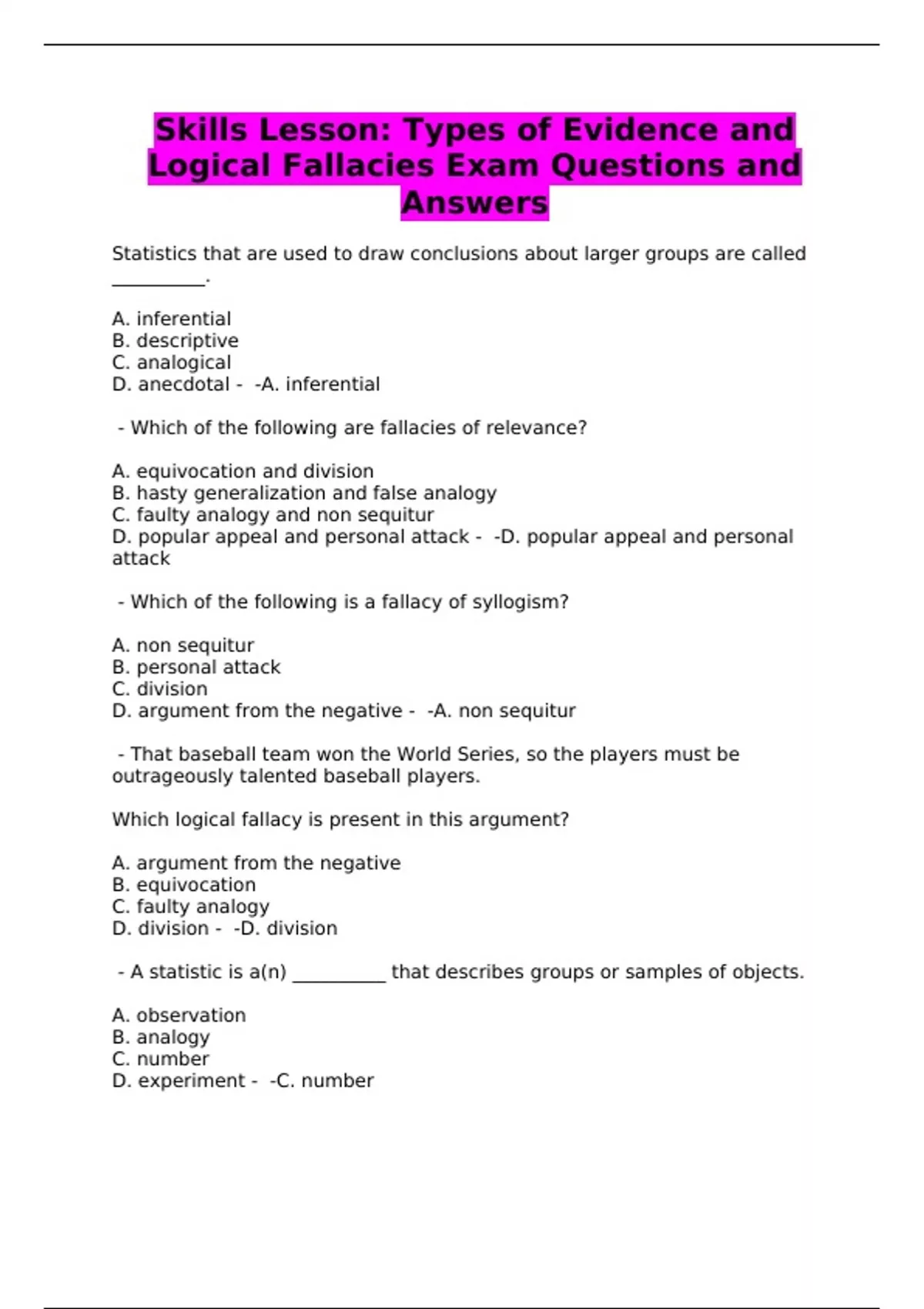 Skills Lesson: Types of Evidence and Logical Fallacies Exam Questions and Answers - Skills ...