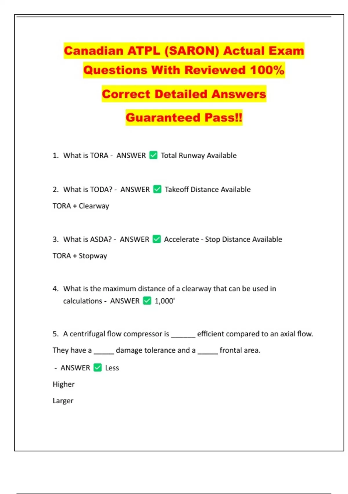 Canadian ATPL (SARON) Actual Exam Questions With Reviewed 100% Correct ...