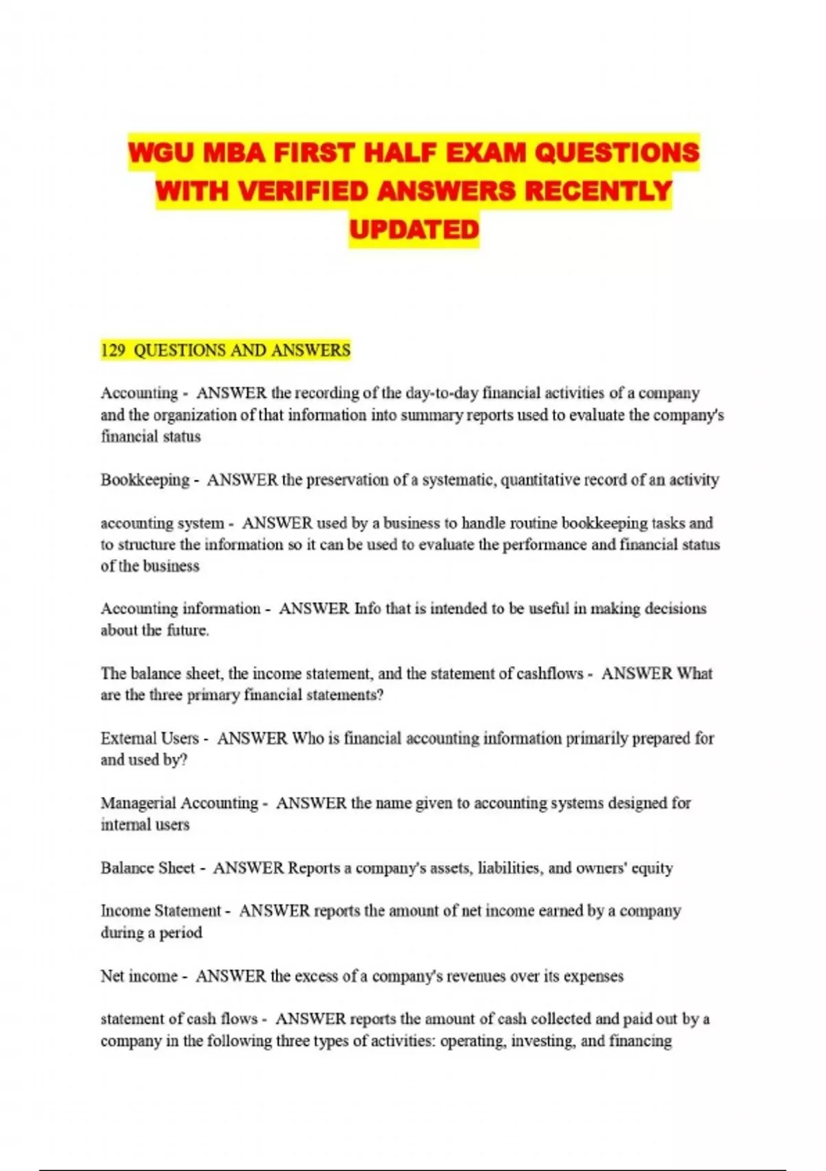 WGU MBA FIRST HALF EXAM QUESTIONS WITH VERIFIED ANSWERS RECENTLY ...