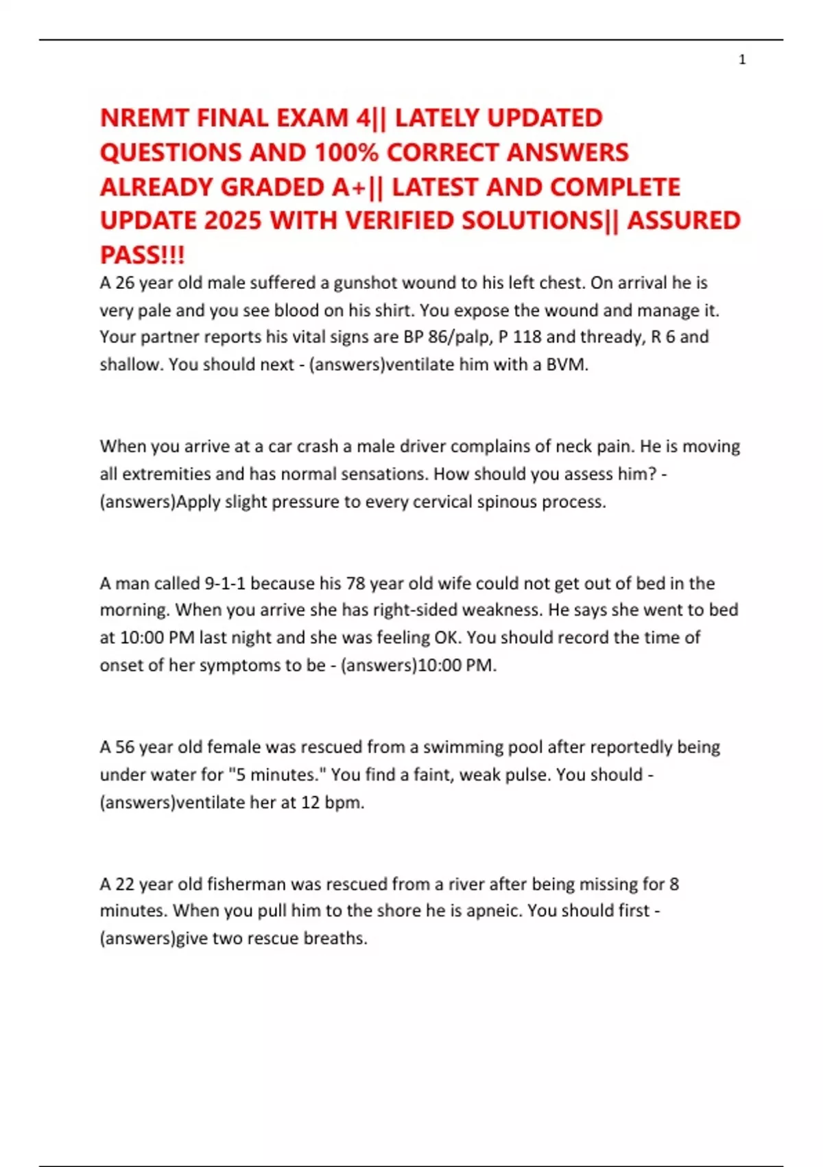 NREMT FINAL EXAM 4|| LATELY UPDATED QUESTIONS AND 100% CORRECT ANSWERS ...