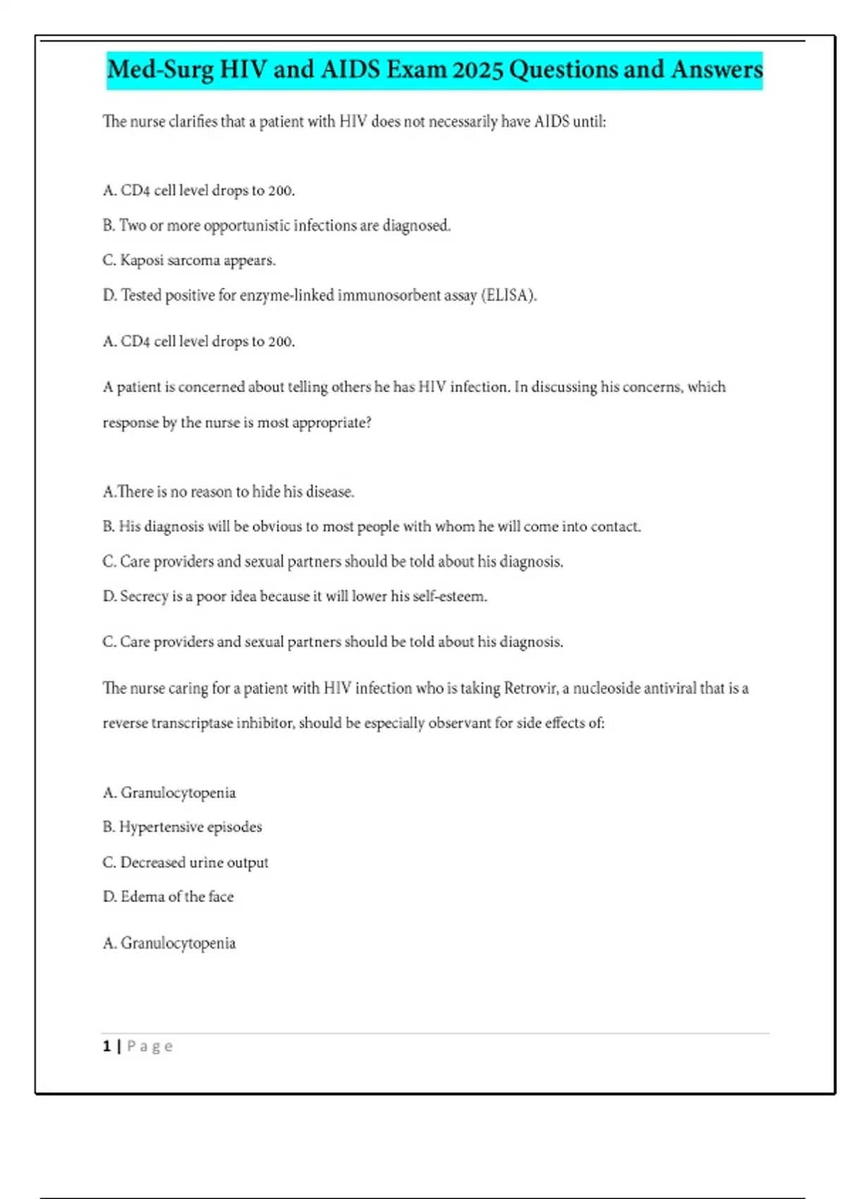 Med-Surg HIV and AIDS Exam 2025 Questions and Answers - Med-Surg HIV ...