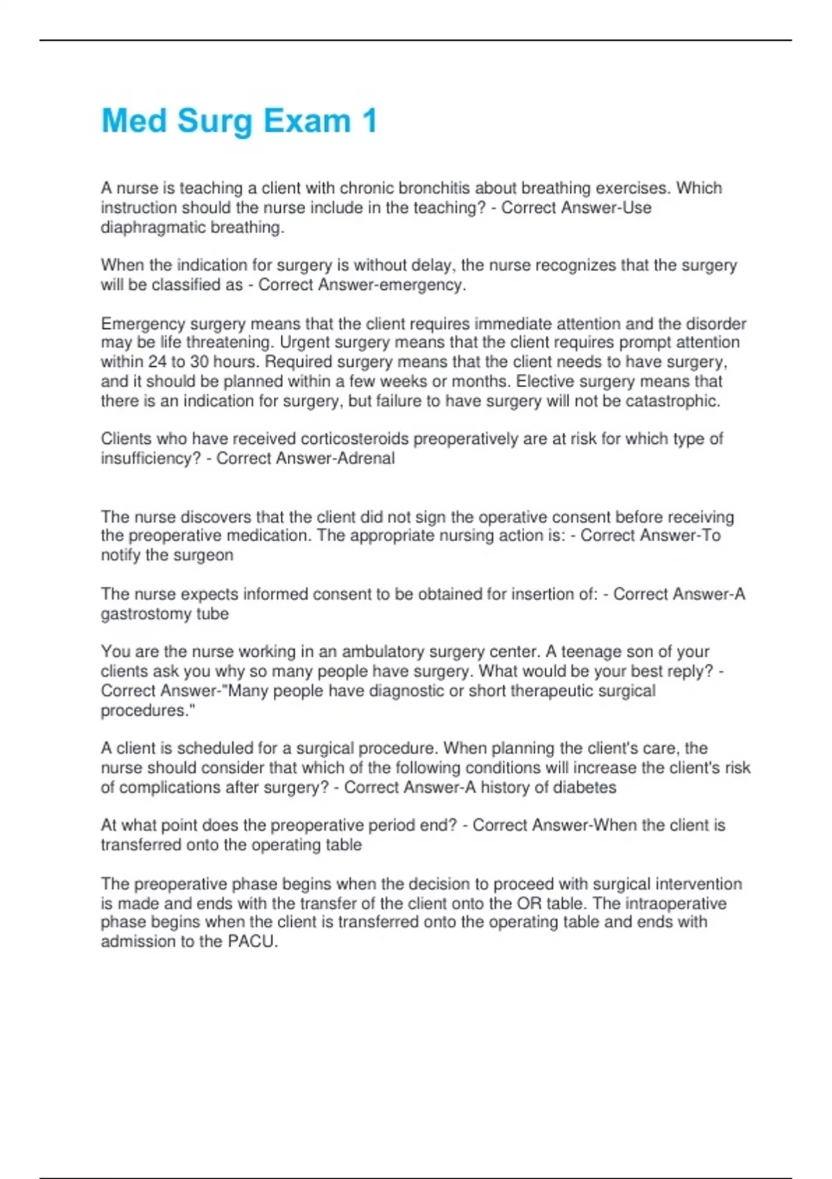 Med Surg Exam 1 2025 Update Questions And Answers With Verified ...