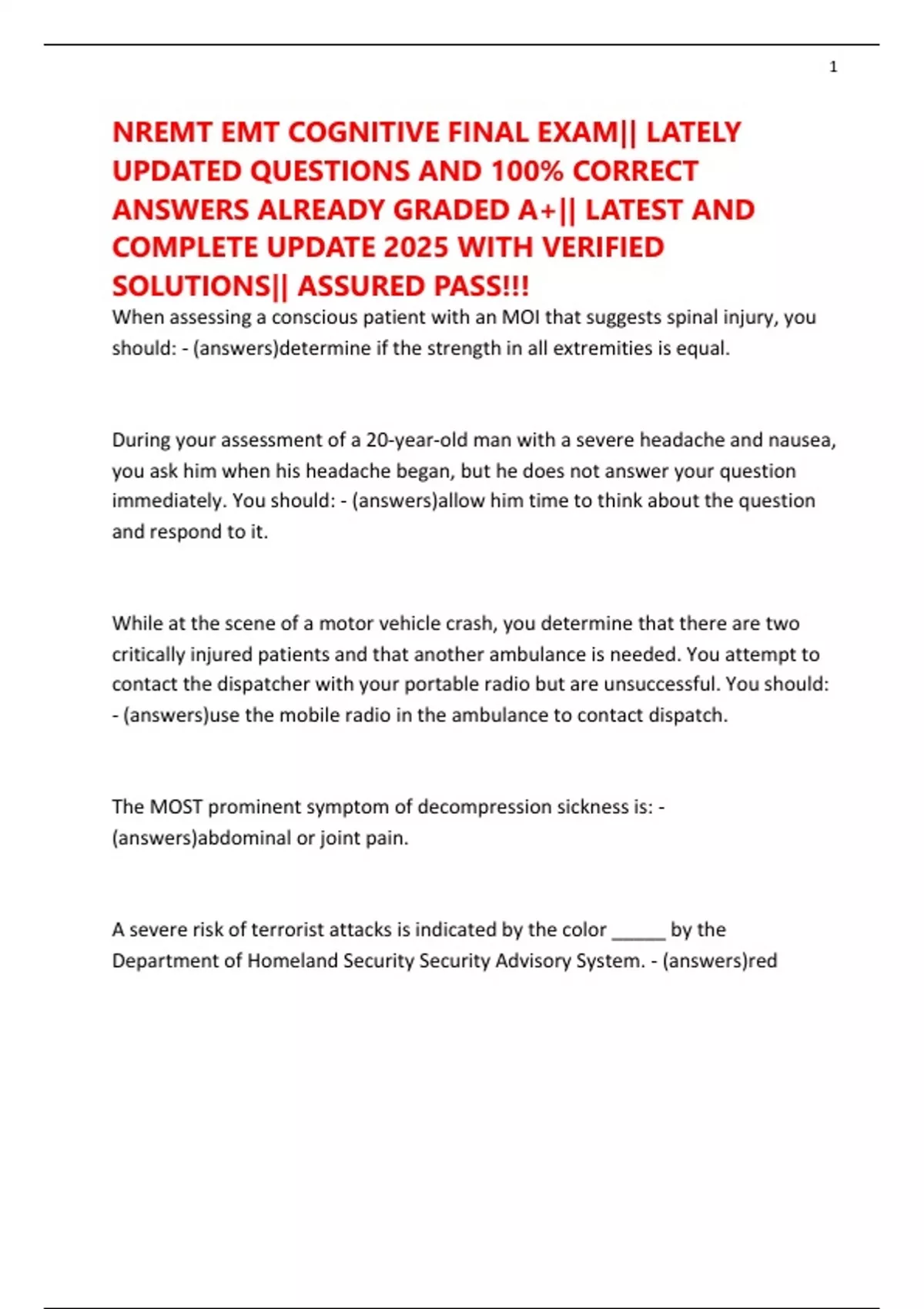 NREMT EMT COGNITIVE FINAL EXAM|| LATELY UPDATED QUESTIONS AND 100% ...